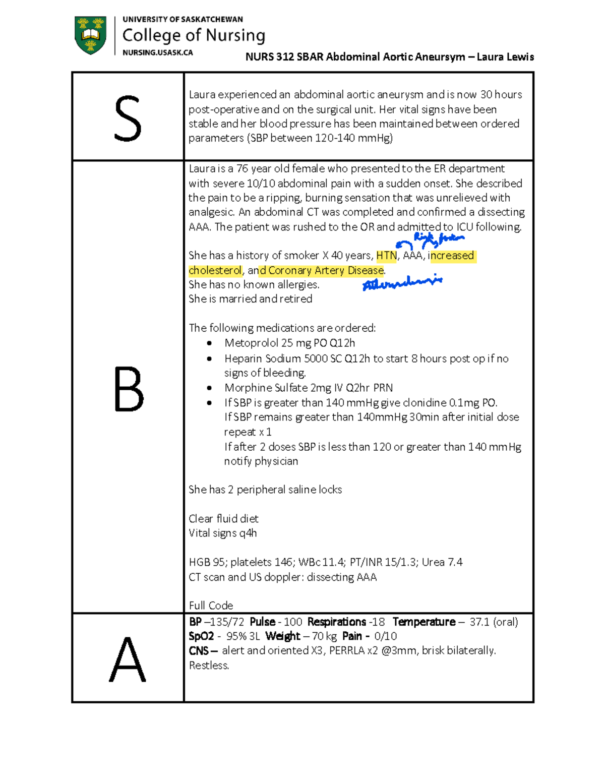 AAA Laura Lewis SBAR 2022 - NURS 31 2 SBAR Abdominal Aortic Aneursym ...