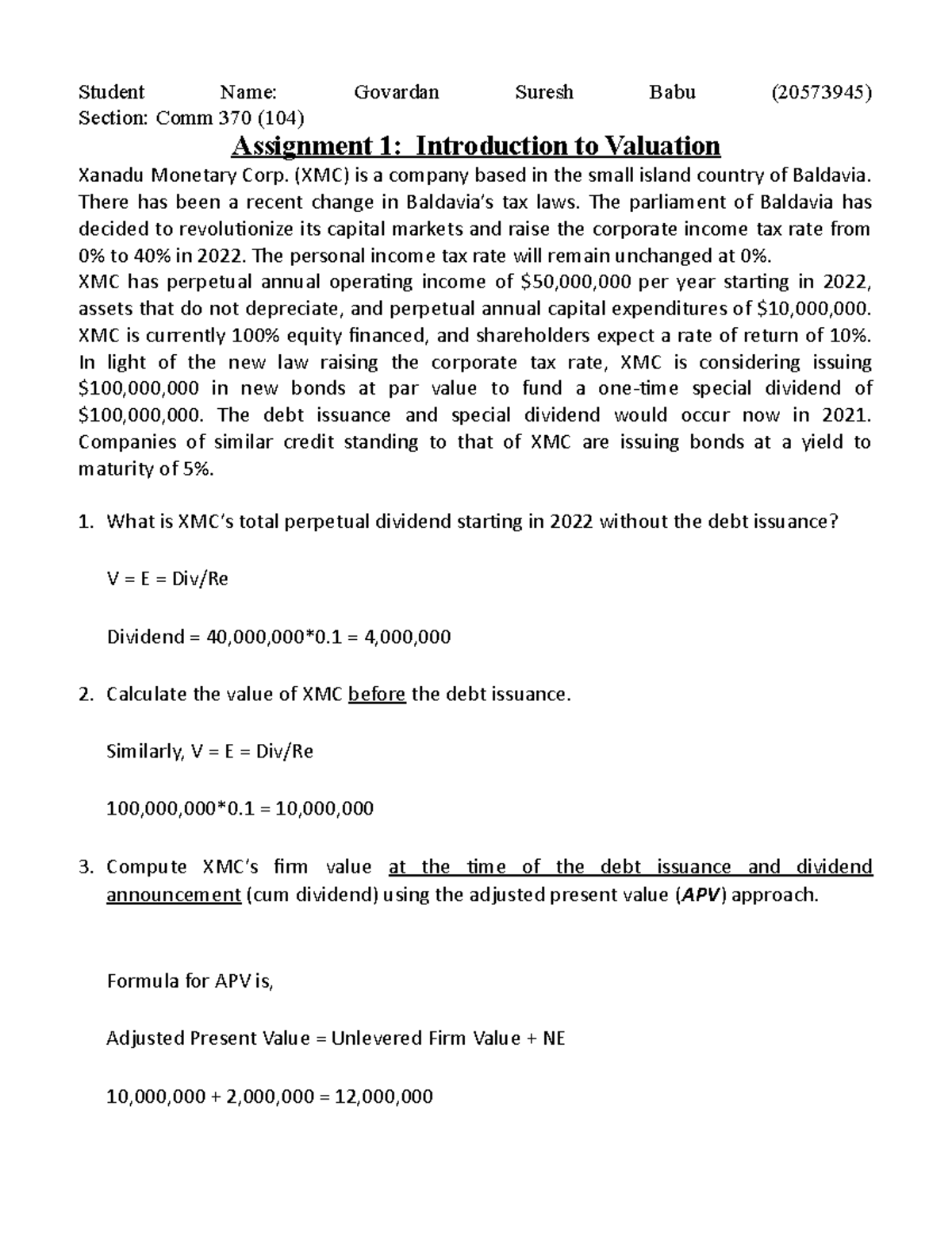 Worksheet for Assignment 1 Intro to Valuation - Student Name: Govardan ...