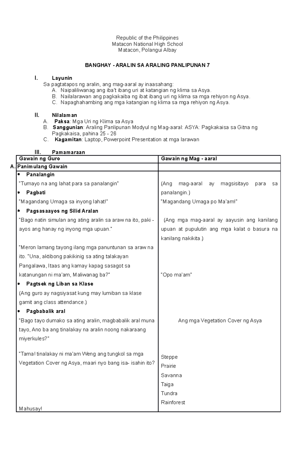 AP- Lesson-PLAN - N/A - Republic of the Philippines Matacon National ...