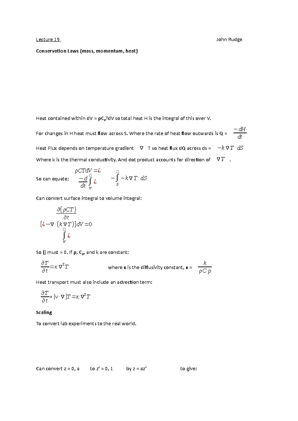 Lecture 19 Rudge - Lecture 19 John Rudge Conservation Laws (mass ...