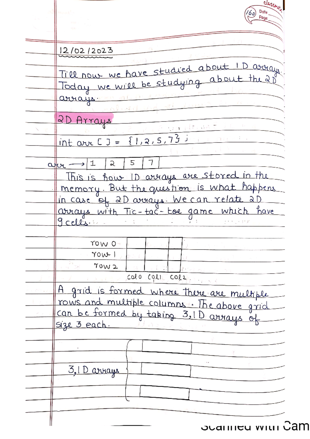 Arrays Class 3 12th February 2023 Retouched - CLASSMA. 160 Date Page ...