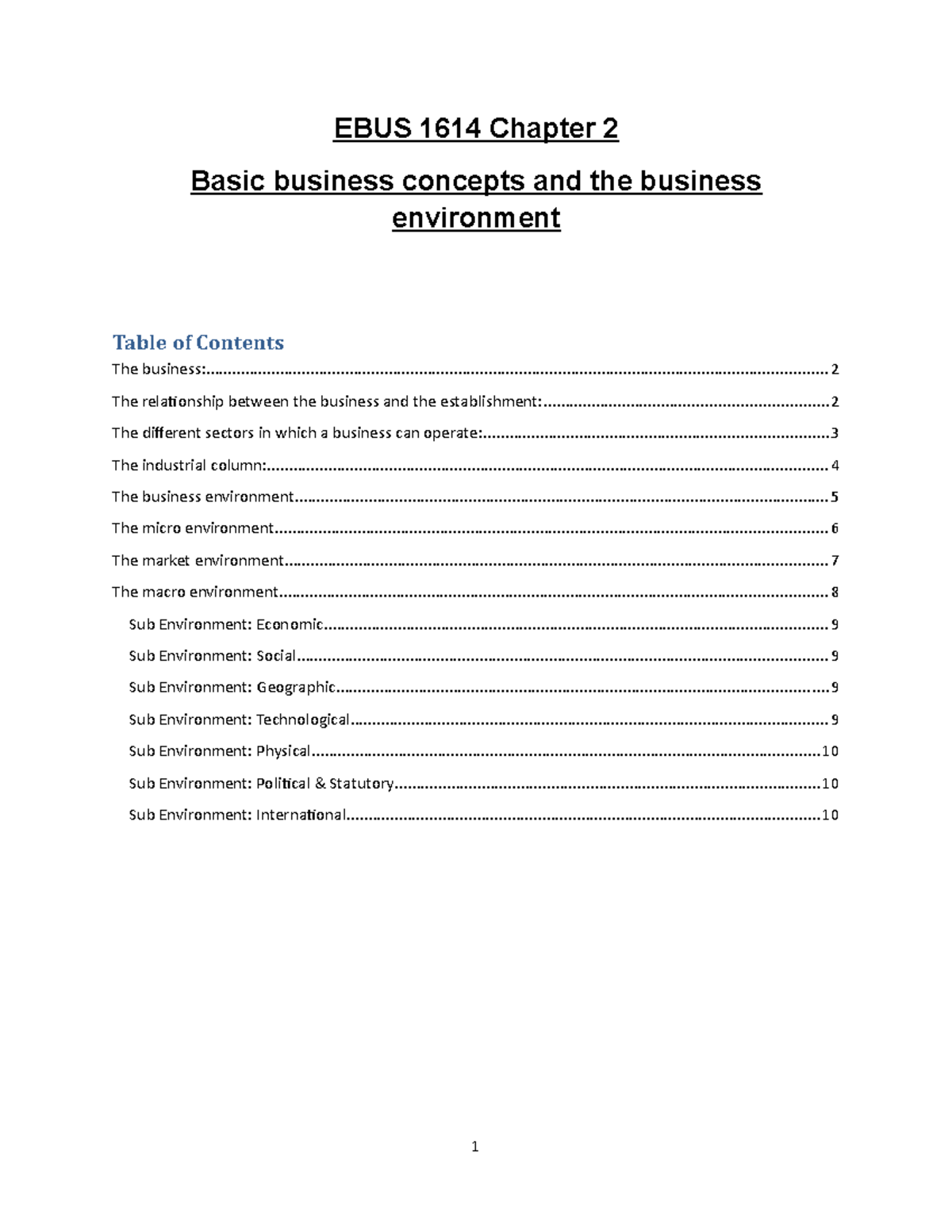 Entrepreneurship chapt 2 - Basic business concepts and the business environment - EBUS 1614 ...