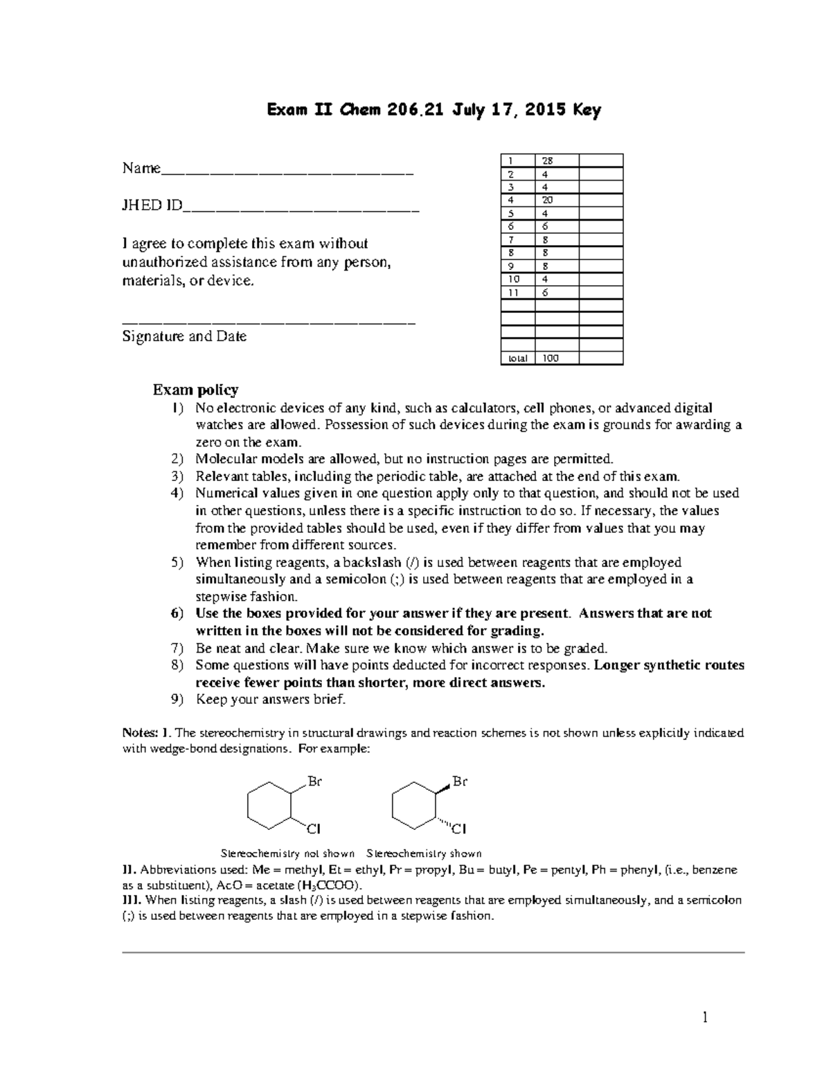 Exam II SU15 Key - Exam - Exam II Chem 206 July 17, 2015 Key Name
