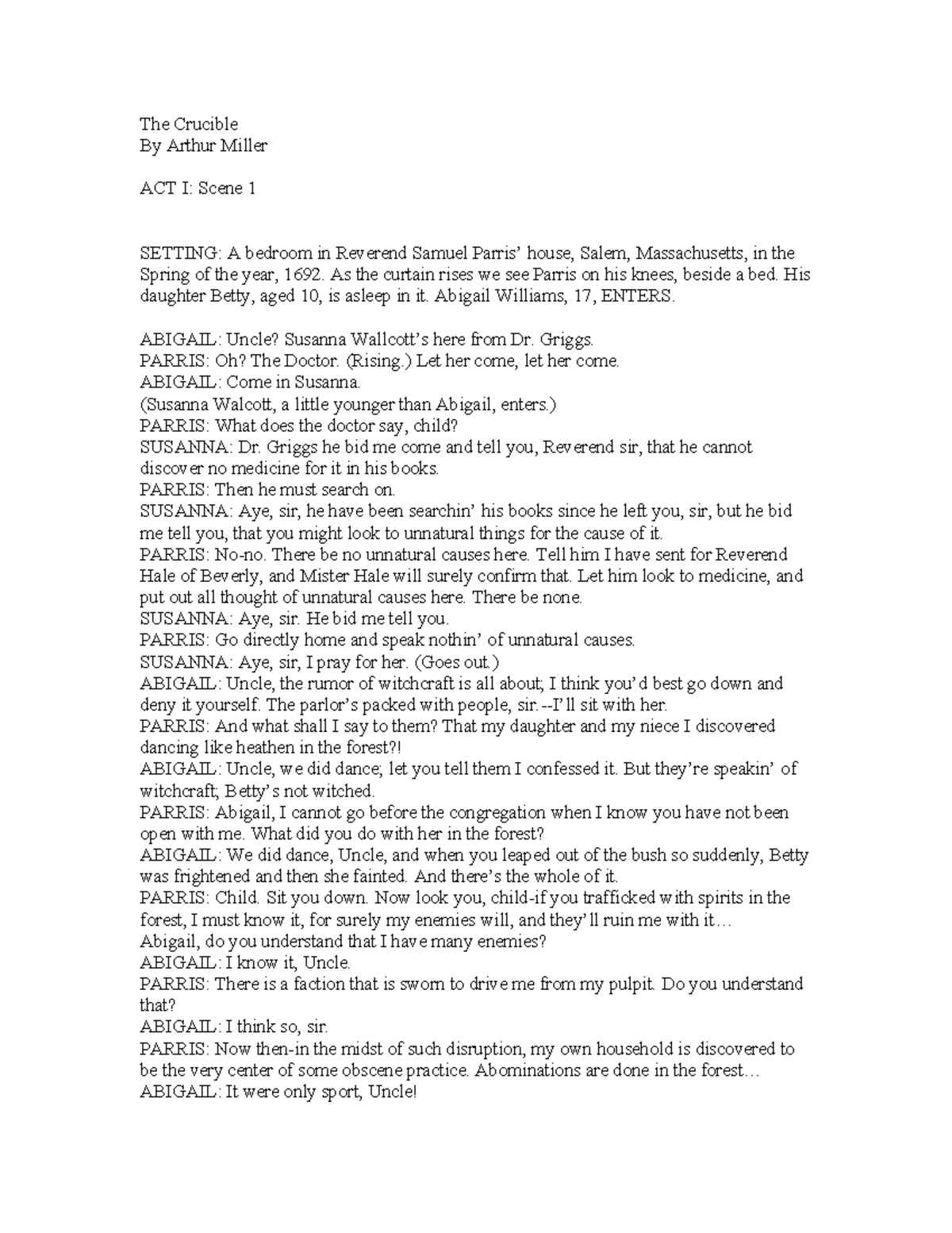 The crucible text - The Crucible By Arthur Miller ACT I: Scene 1 ...