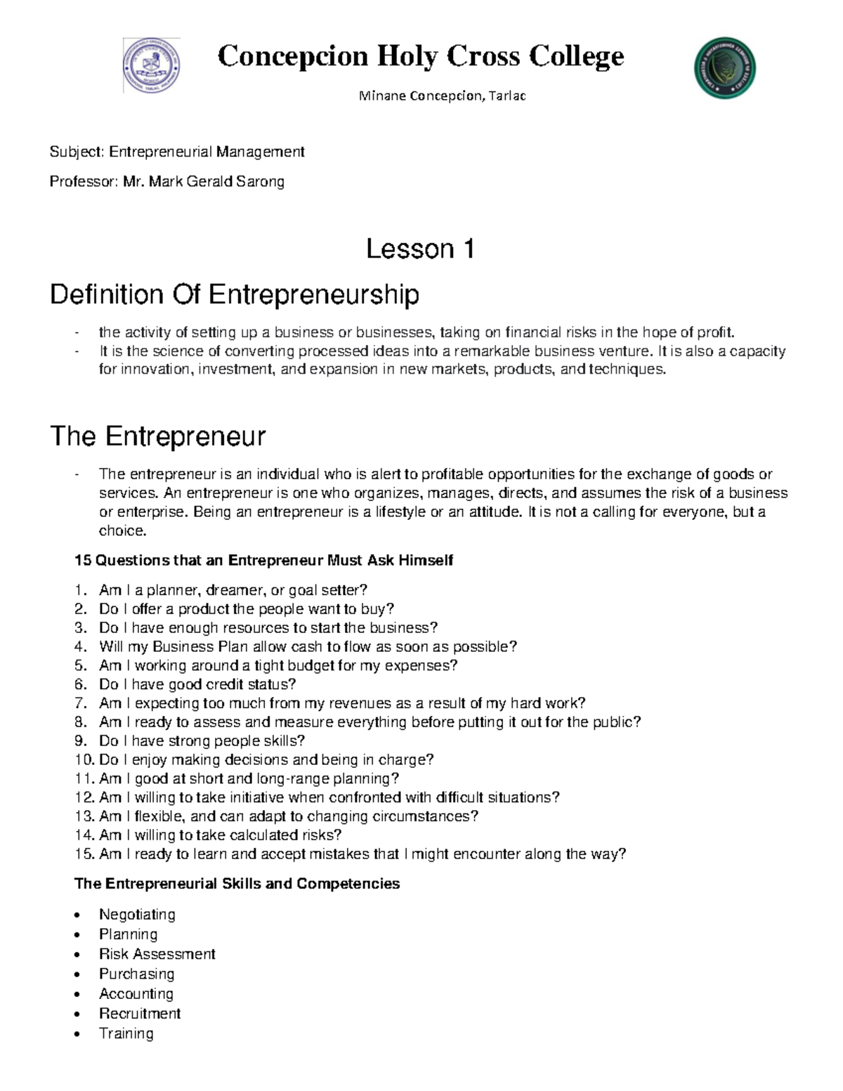 Lesson 1 Entrep - .... - Subject: Entrepreneurial Management Professor ...
