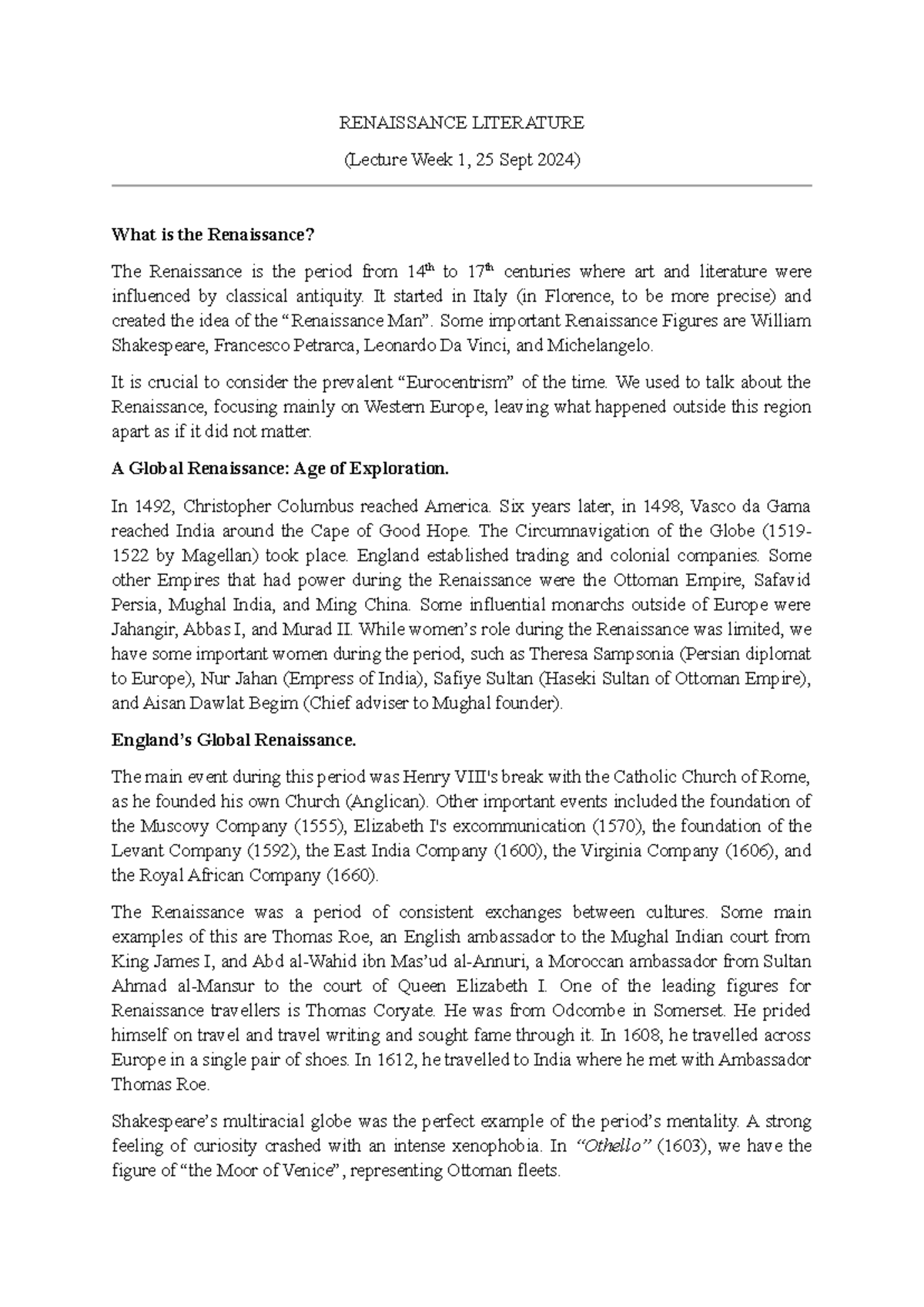 Renaissance Literature - RENAISSANCE LITERATURE (Lecture Week 1, 25 ...