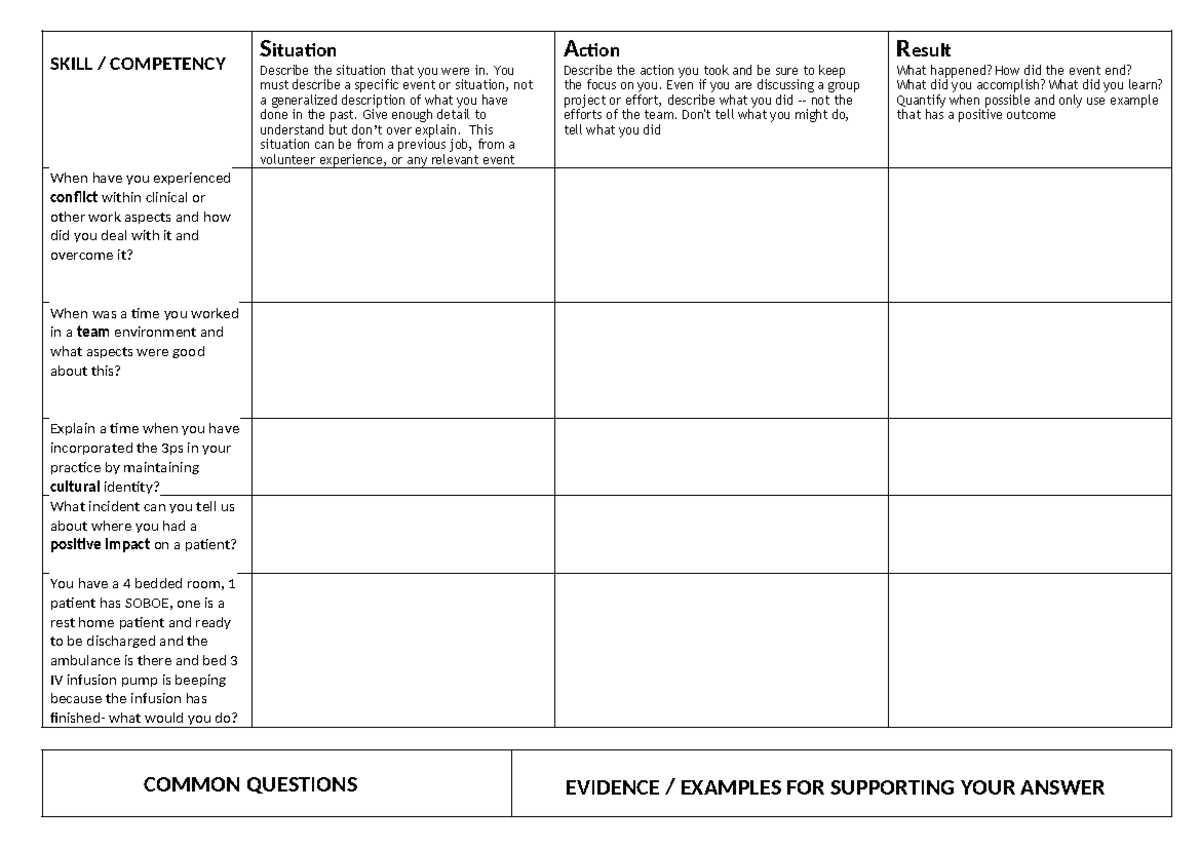 Nursing SAR worksheet (003) - SKILL / COMPETENCY Situation Describe the ...