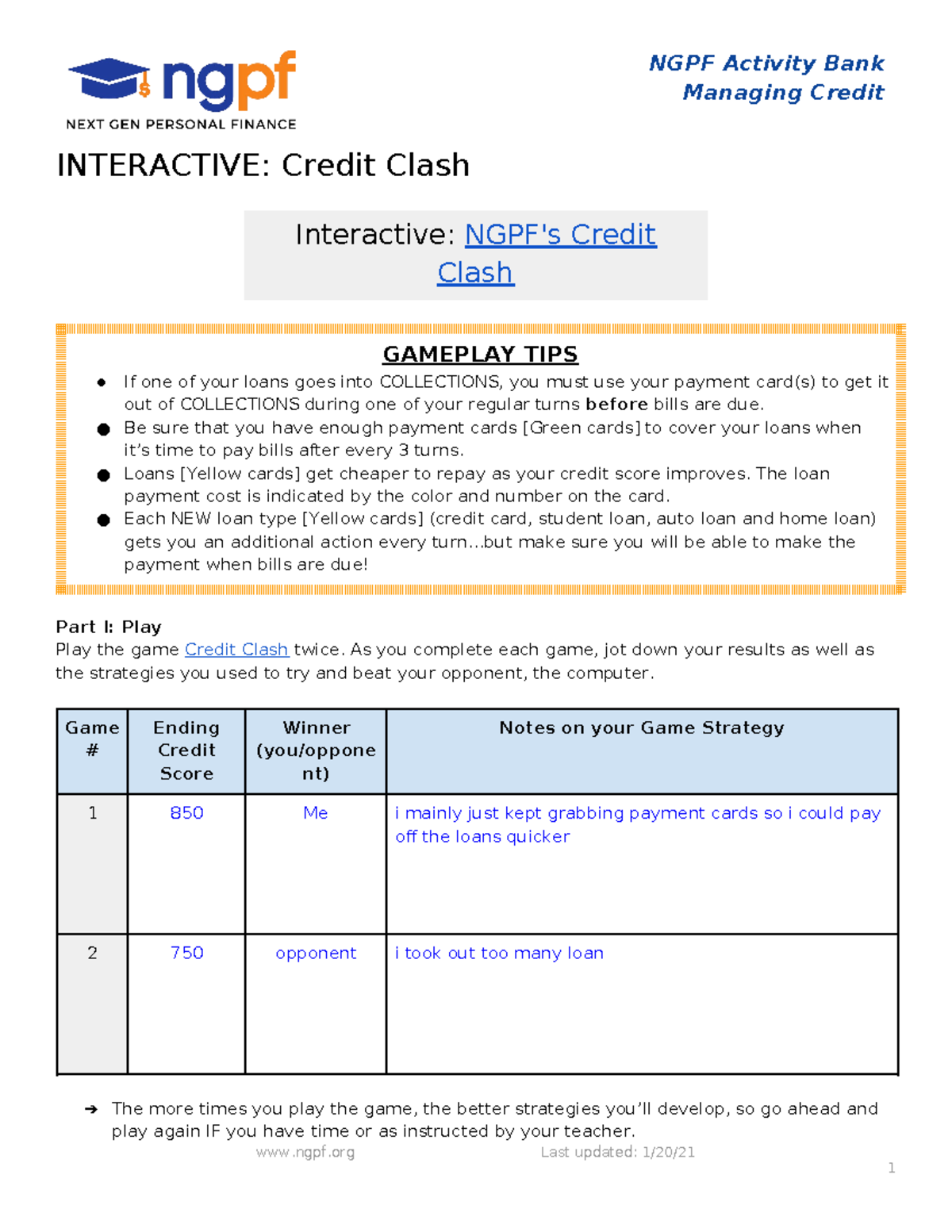 Interactive Credit Clash - NGPF Activity Bank Managing Credit ...