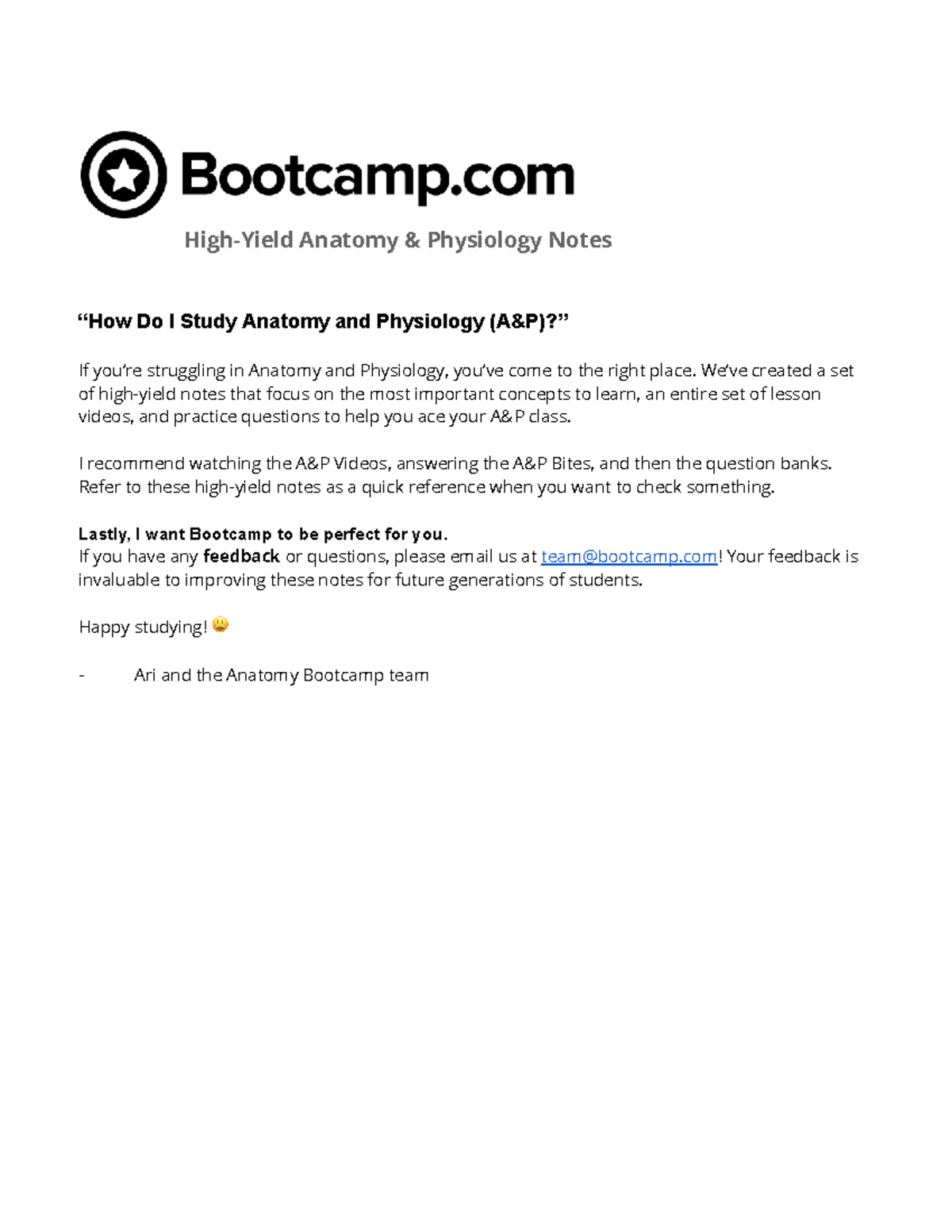 Anatomy & Physiology Bootcamp Notes - High-Yield Anatomy & Physiology ...