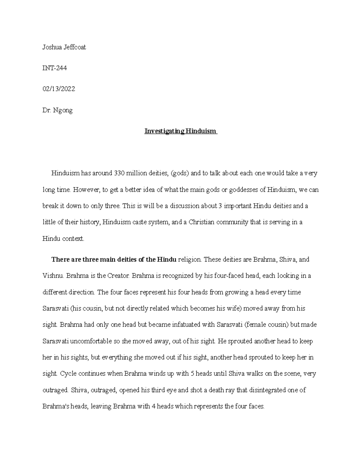 Hind Essay - History/Theology - Joshua Jeffcoat INT- 02/13/ Dr. Ngong ...