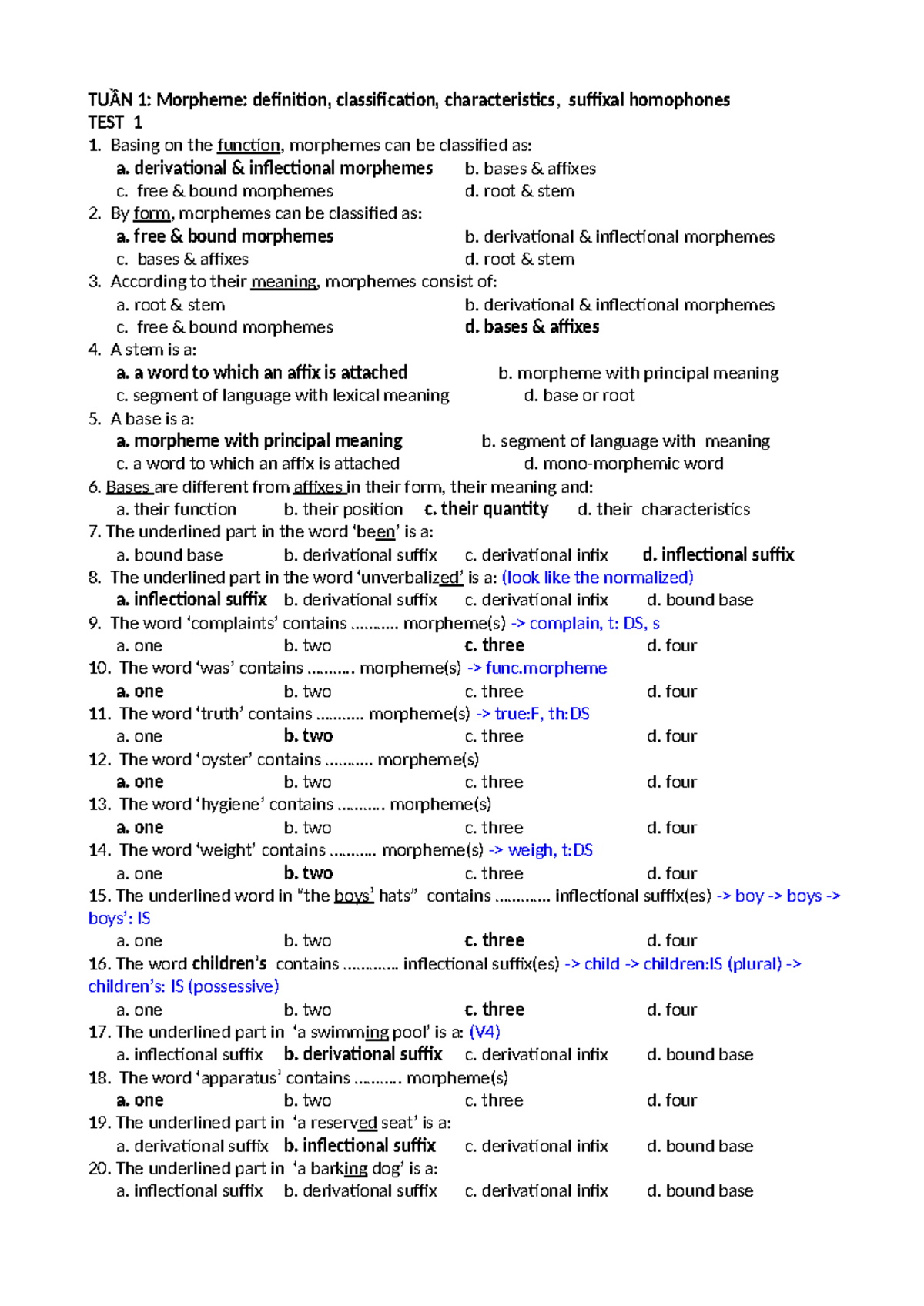 BT1 - Morphemes - TUẦN 1: Morpheme: definition, classification ...