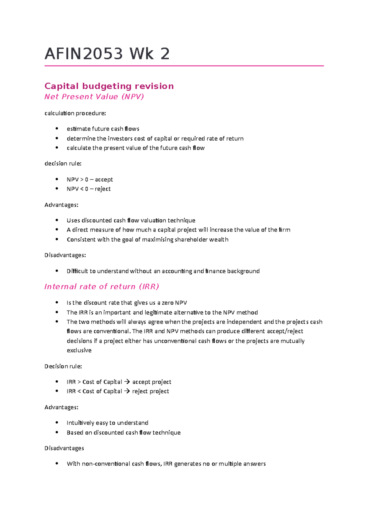 AFIN2053 Wk 2 - Lecture notes 2 - AFIN2053 Wk 2 Capital budgeting ...
