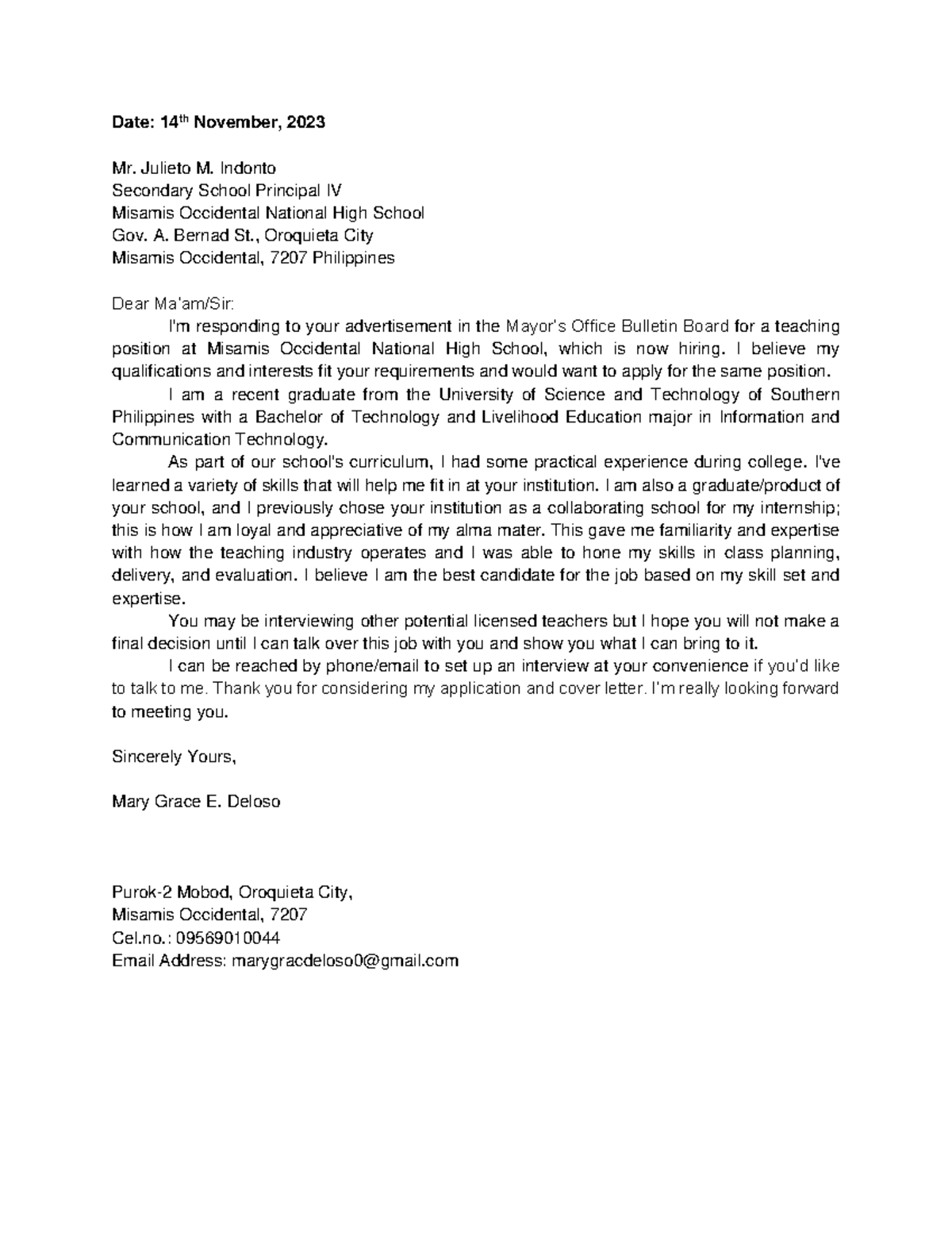 Grace Application-Letter Real - Date: 14 th November, 2023 Mr. Julieto ...