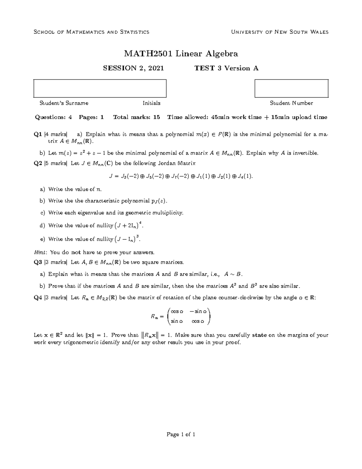 UNSW-Math2501-2021t2 ClassTest3 Jordan Matrix Similar Matrix - School ...