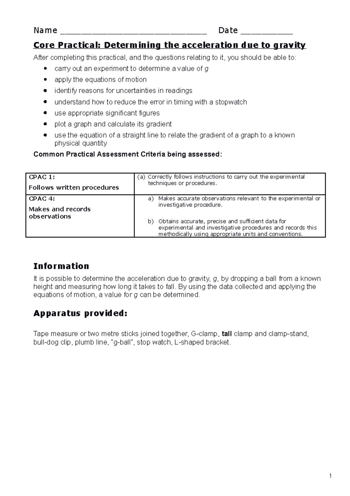 Acceleration due to Gravity Worksheet - Name ...