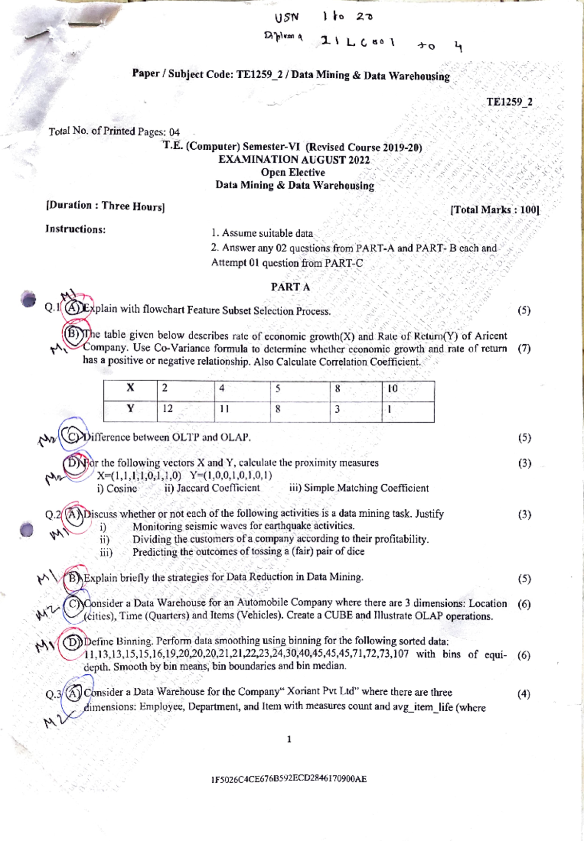 DMDW SEM Papers - Question paper - USN 1 to 20 Diplose a 1ILC001 to 4 ...