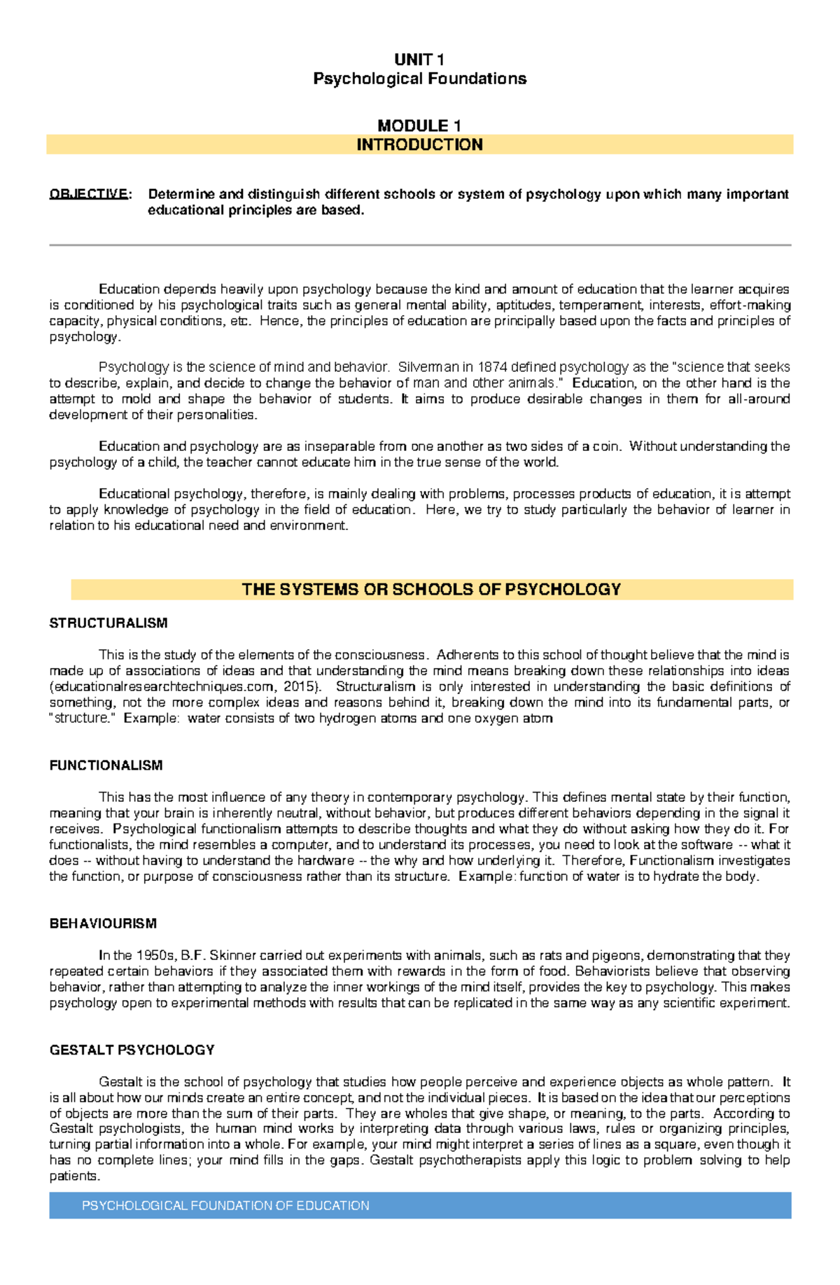 1 THE Systems OR Schools OF Psychology - PSYCHOLOGICAL FOUNDATION OF ...