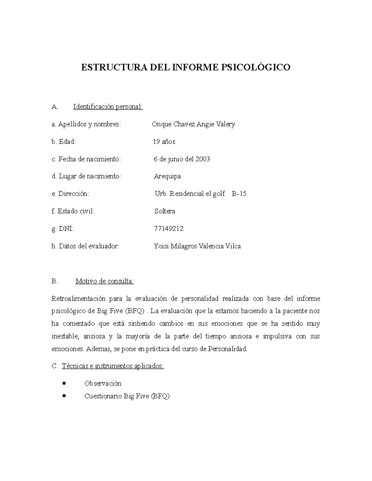 Informe Final De Evaluación De La Personalidad Estructura Del 7573