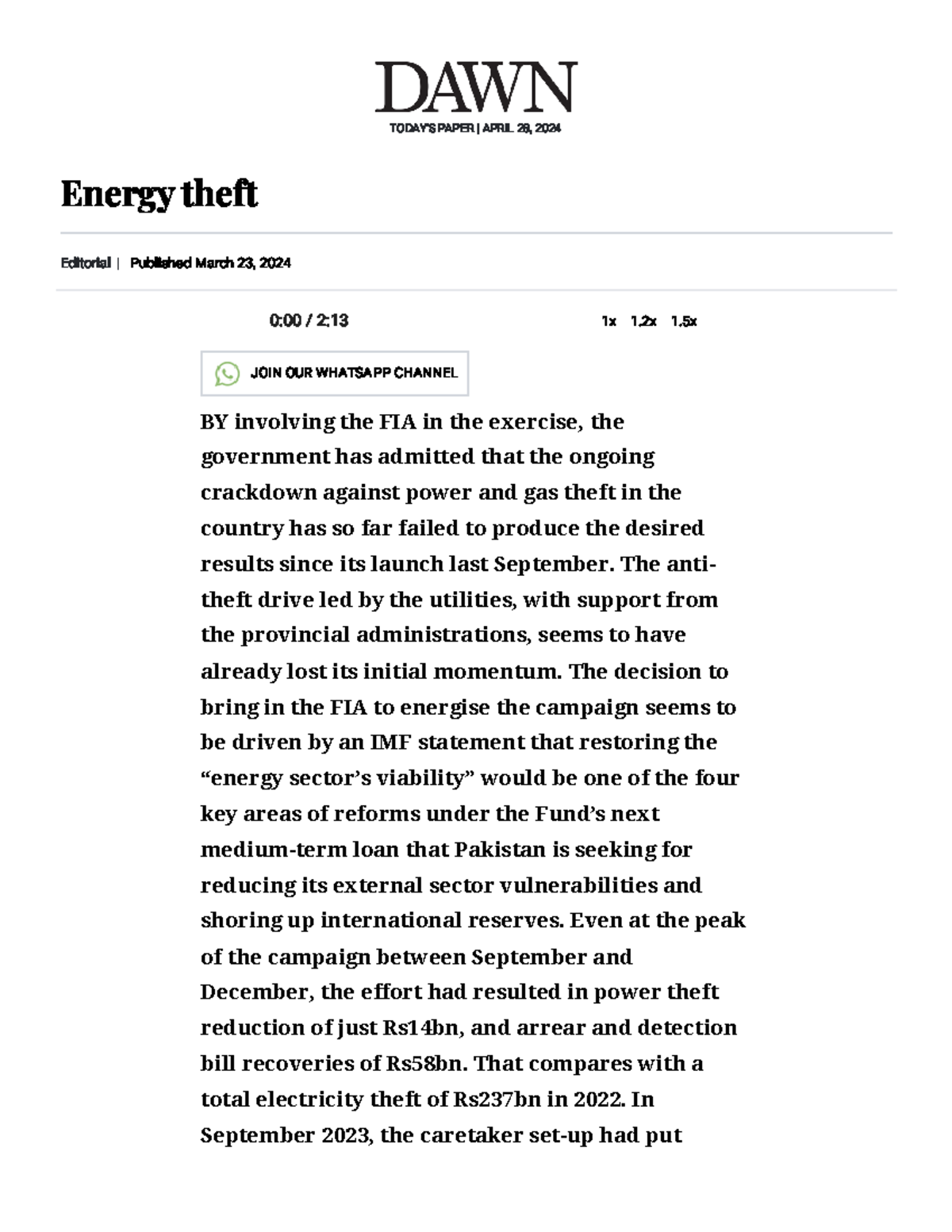 Energy theft - Newspaper - DAWN - TODAY'S PAPER | APRIL 28, 2024 ...
