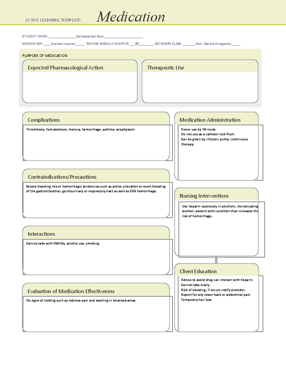 Active Learning Template medication Heparin - STUDENT NAME Kanwalpreet ...