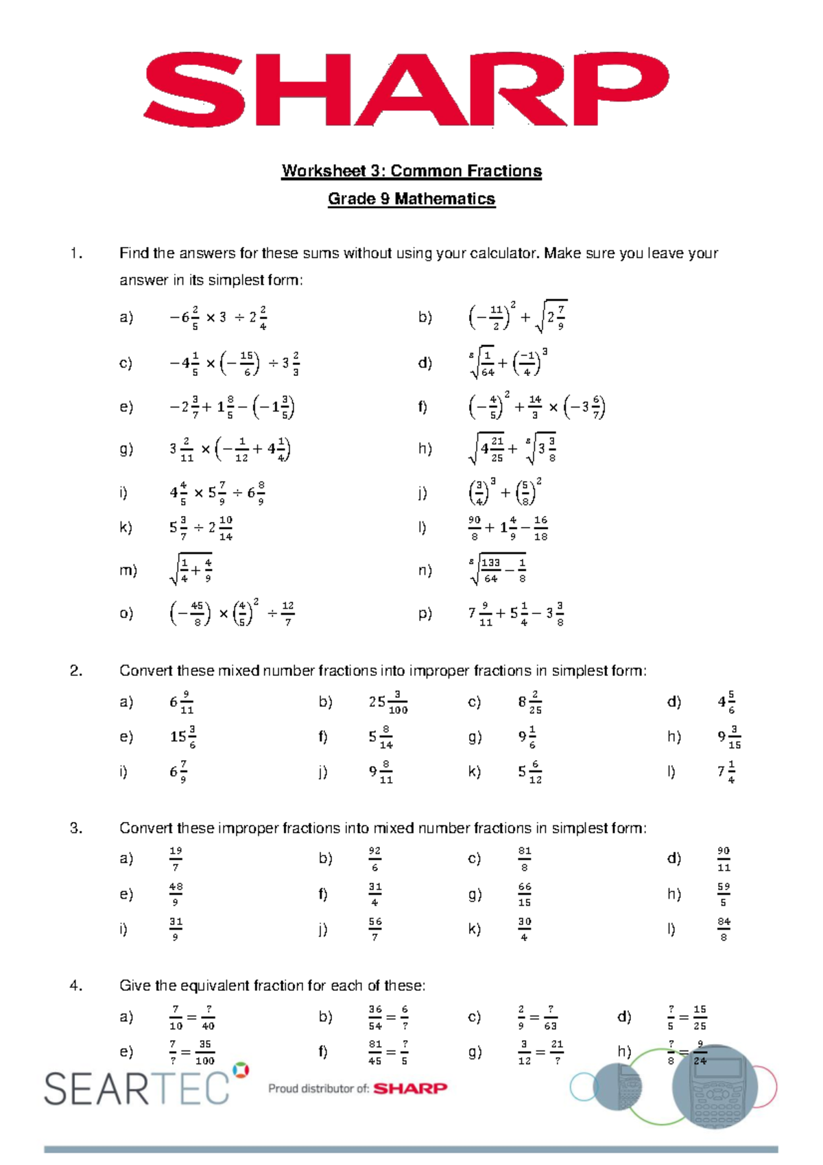 Worksheet 3 Common fractions grade 9 maths - Worksheet 3: Common ...