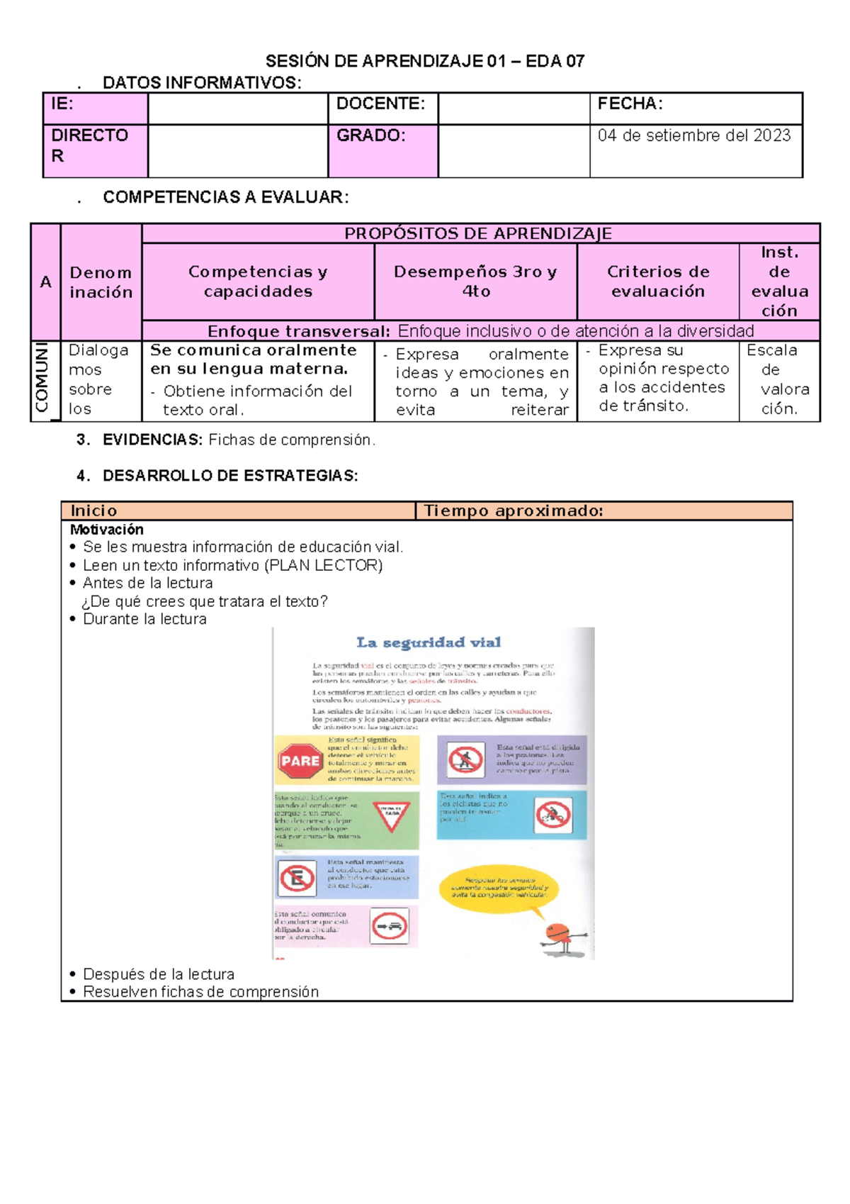 Sesión 01 - sesion de aprendizaje - SESIÓN DE APRENDIZAJE 01 – EDA 07 . DATOS INFORMATIVOS: IE ...