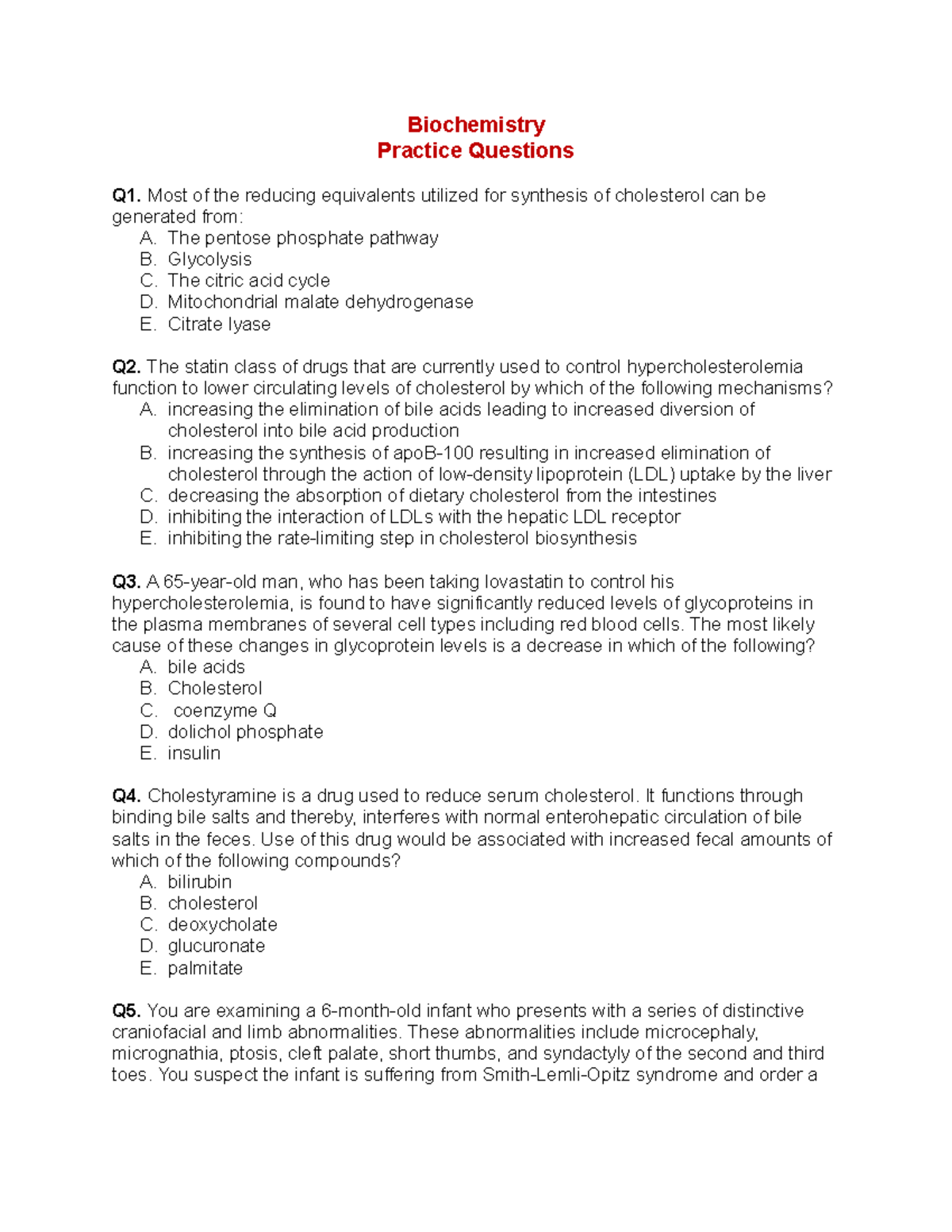 Biochemistry Practice Questions 3 - Biochemistry Practice Questions Q1 ...