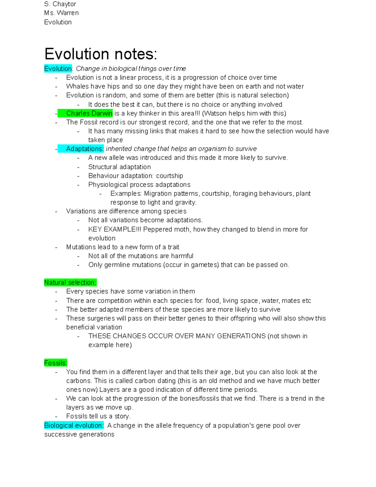 Evolution notes - S. Chaytor Ms. Warren Evolution Evolution notes ...