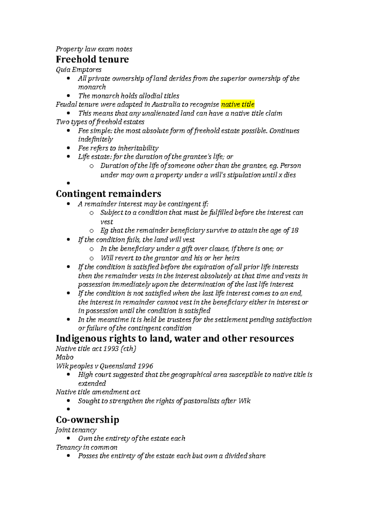 Property law exam notes - Property law exam notes Freehold tenure Quia ...