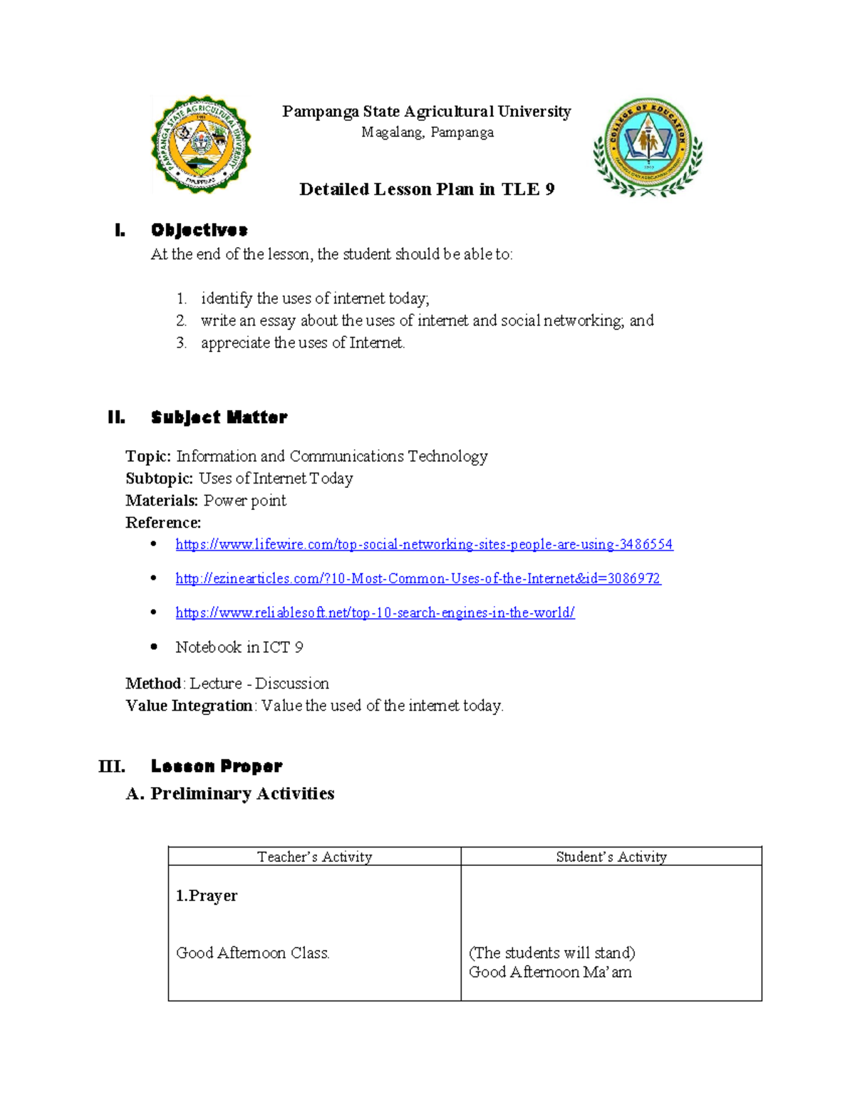 Detailed Lesson Plan in TLE 9 - Pampanga State Agricultural University Magalang, Pampanga ...