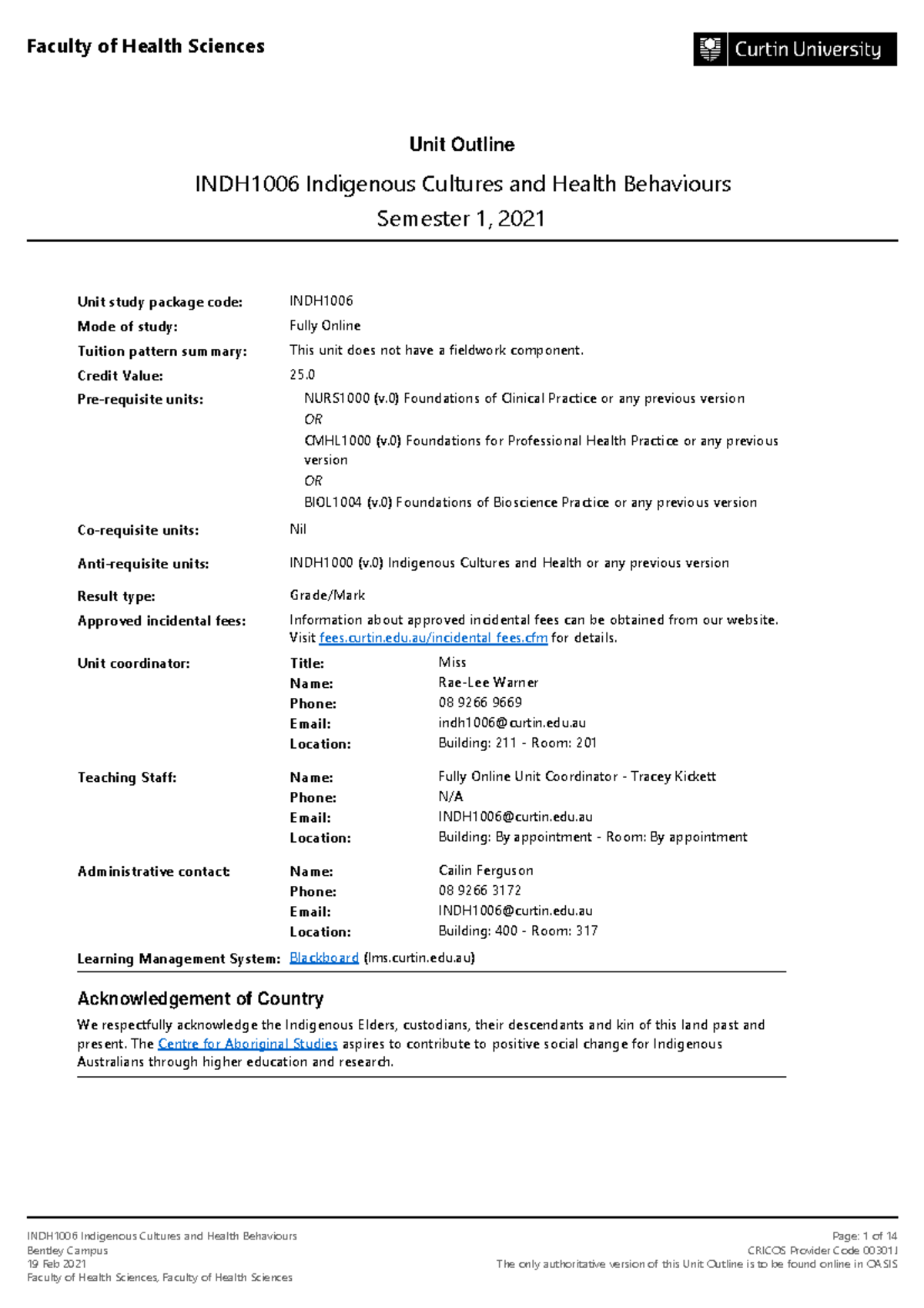 INDH1006 Indigenous Cultures and Health Behaviours Semester 1 2021 ...