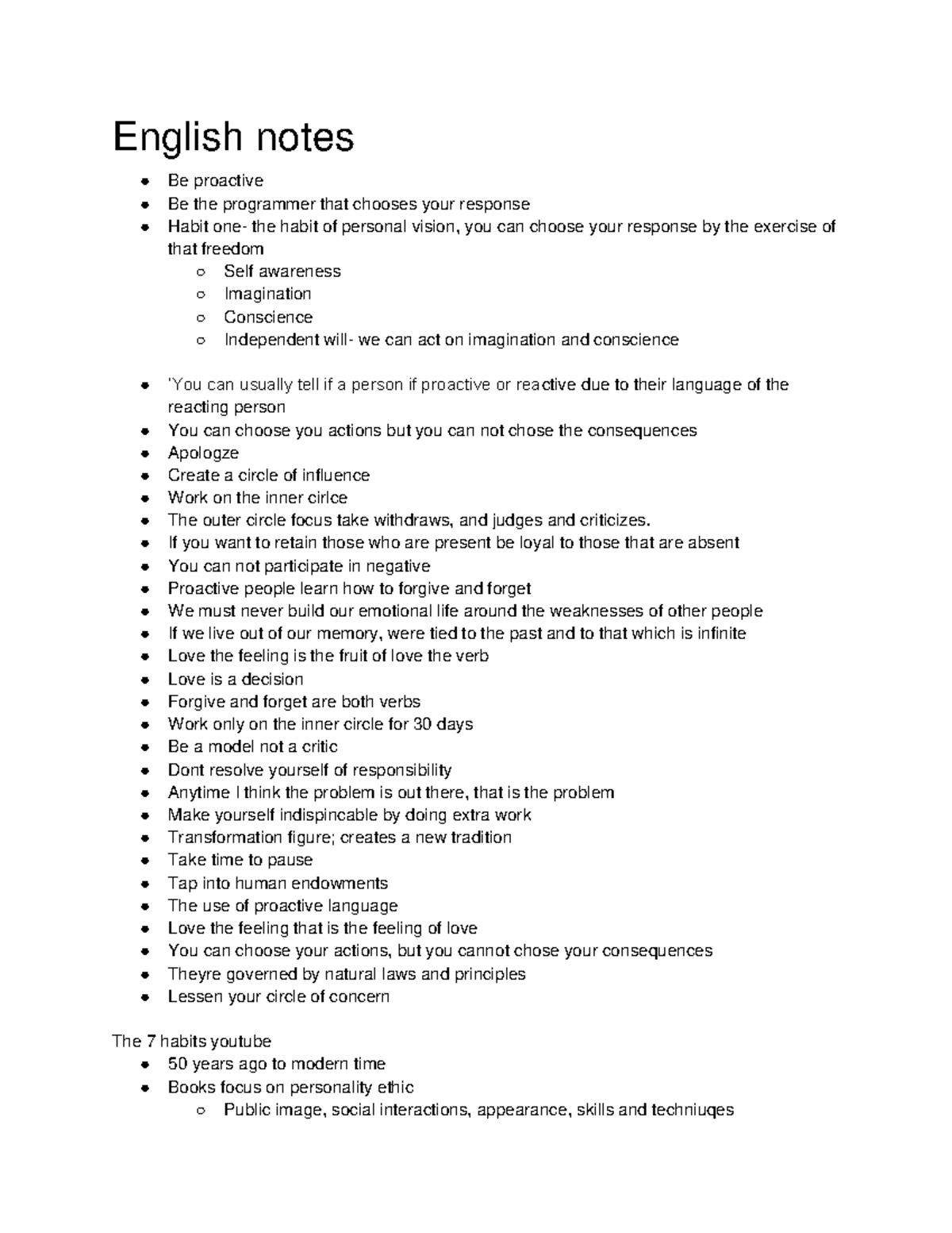 English Notes: Be Proactive Personal Vision Circle of Influence Habit ...