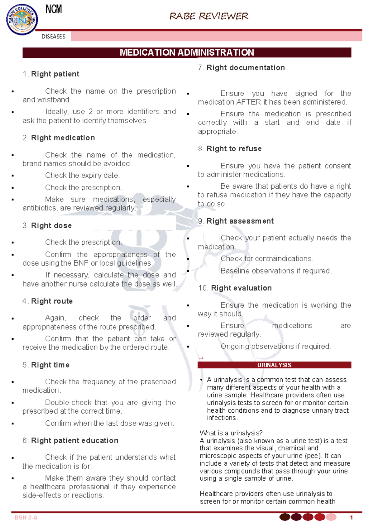 Reviewer - NCM RABE REVIEWER DISEASES BSN 2-A 1 MEDICATION ...