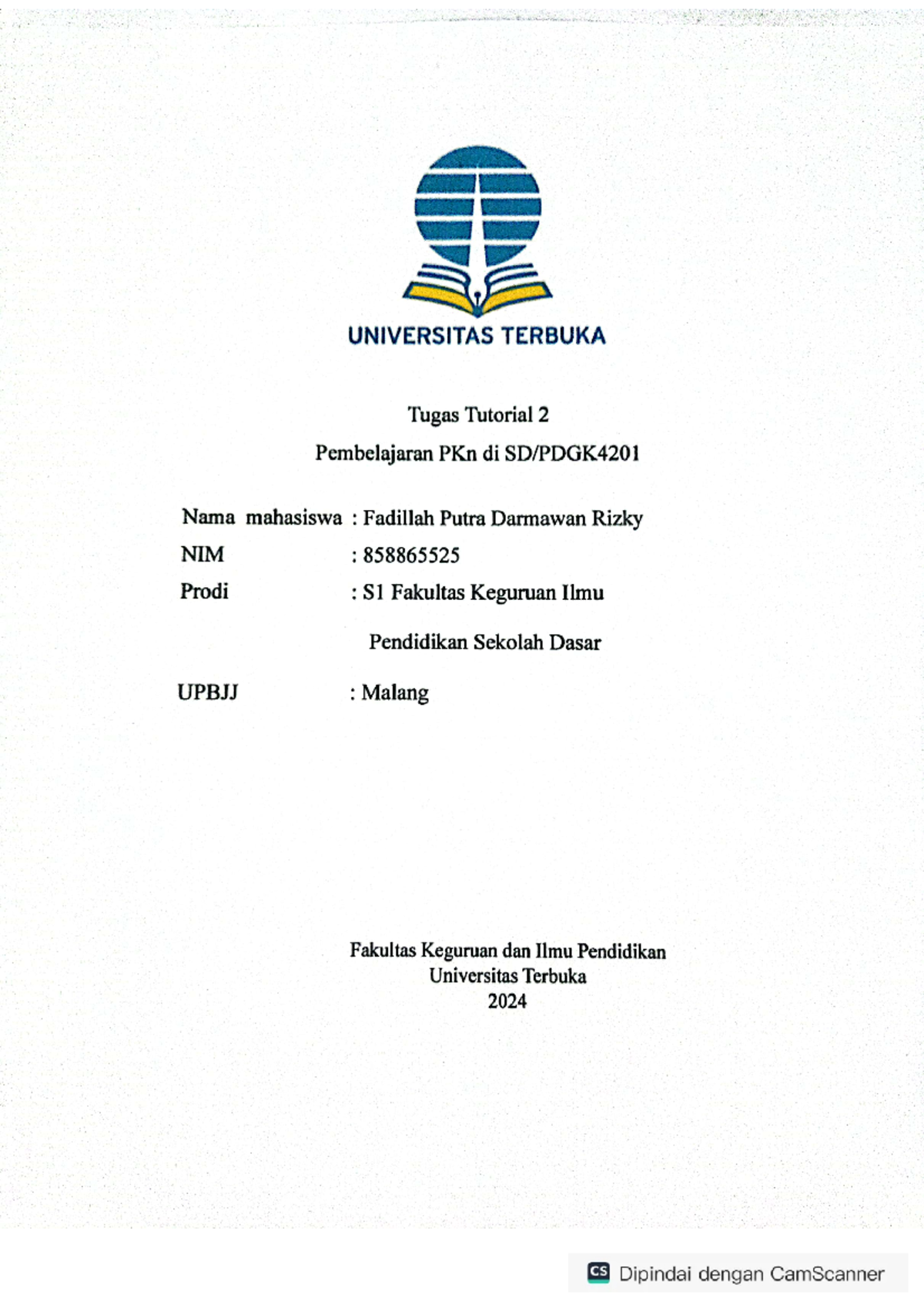 Tugas Tutorial II PDGK4201 - UNIVERSITAS TERBUKA Tugas Tutorial 2 Pembelajaran PKn di Nama ...