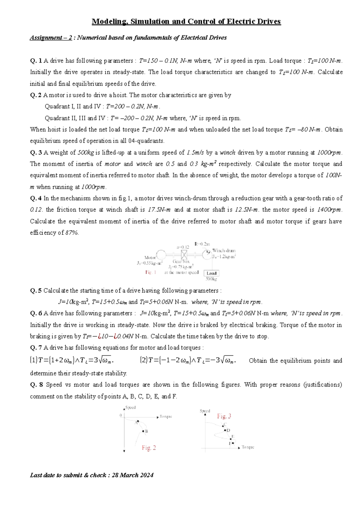 Assignments 2 Numerical based on fundamentals of Electrical Drives Electrical Drives - Modeling ...
