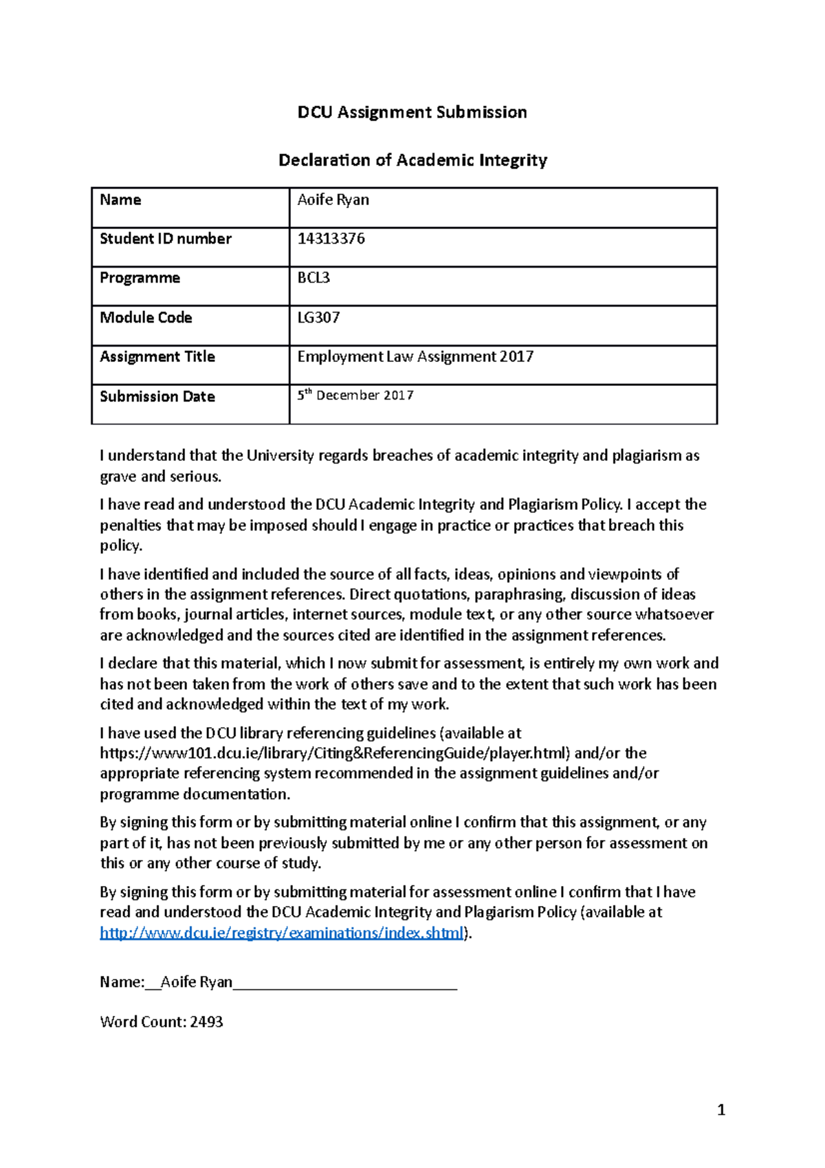 Employment Law Assignment - DCU Assignment Submission Declaration of ...