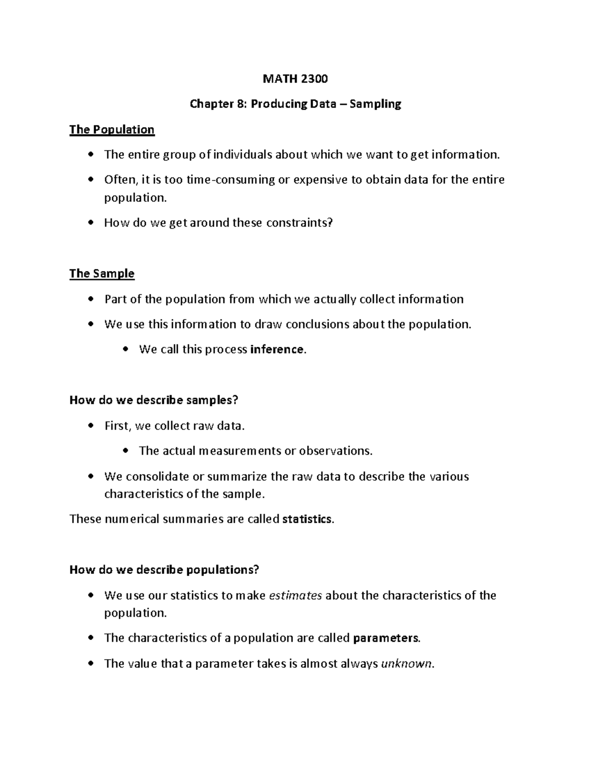 Chapter 8 (Blank Note) - MATH 2300 Chapter 8: Producing Data – Sampling The Population The ...