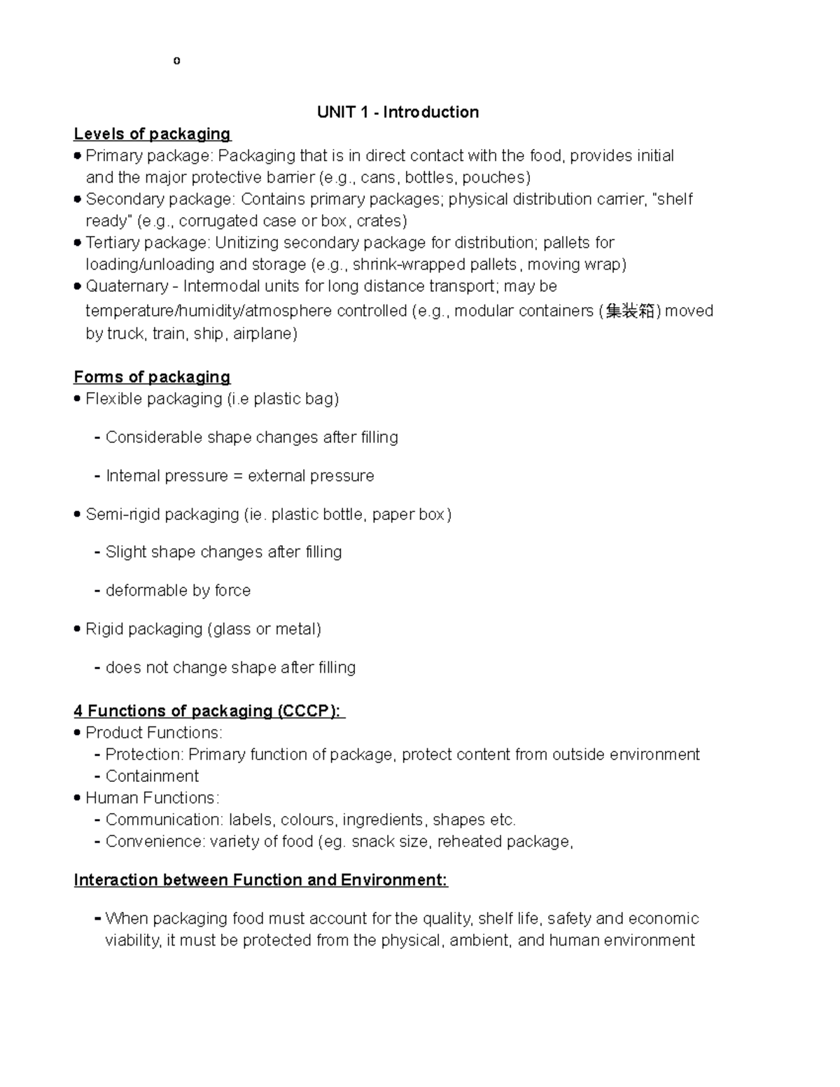 Unit1 Summary - o UNIT 1 - Introduction Levels of packaging Primary ...