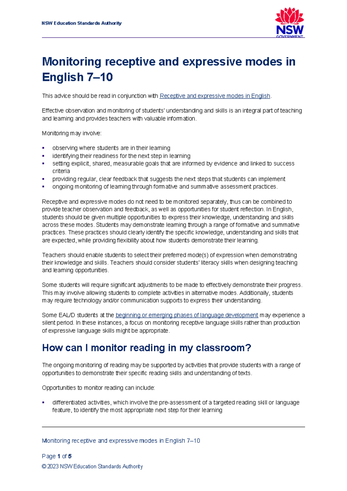 Monitoring receptive and expressive modes in english 7 10 - NSW ...