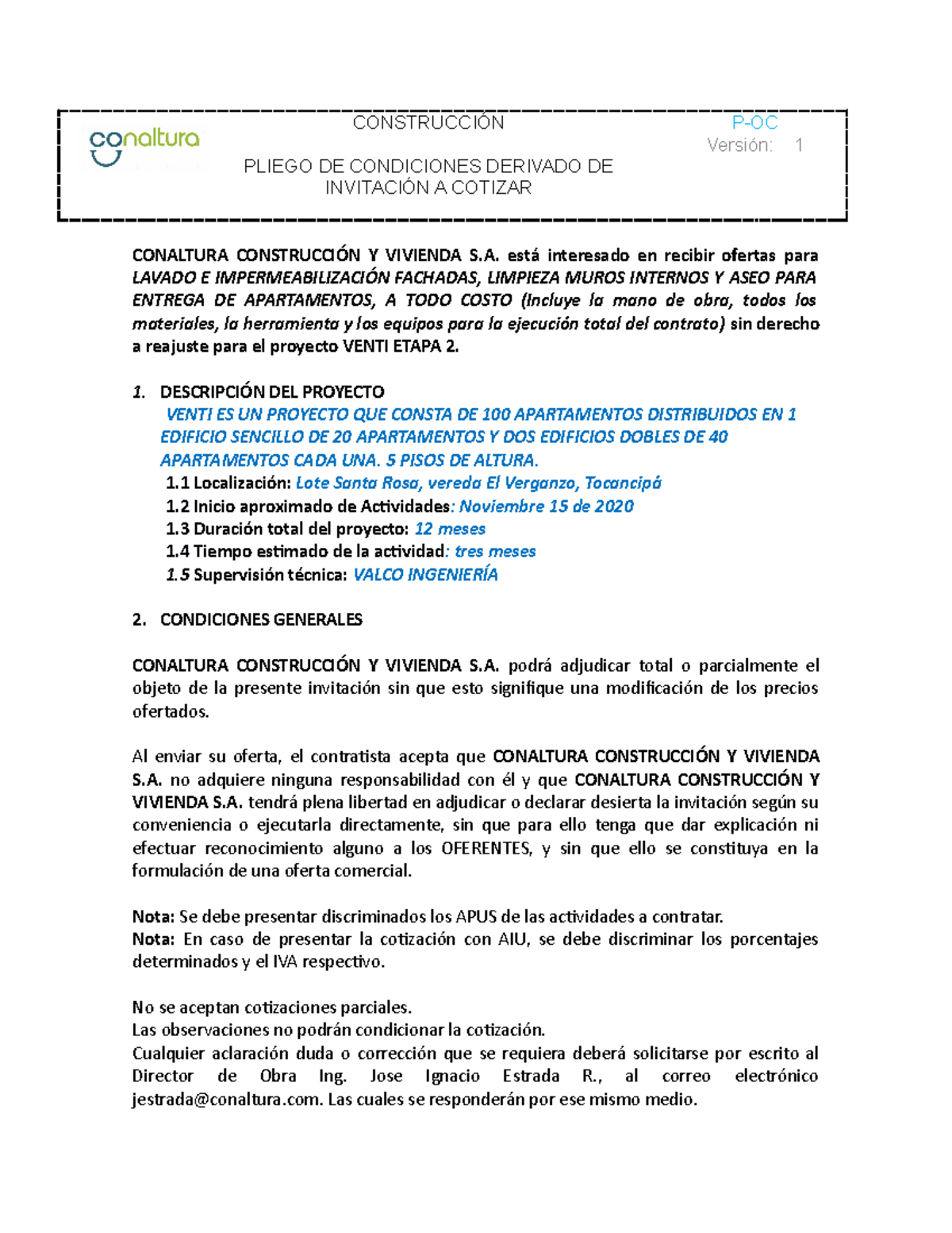 Anexo 02 Pliego DE Condiciones Generales - CONSTRUCCIÓN P-OC Versión: 1 PLIEGO DE CONDICIONES ...