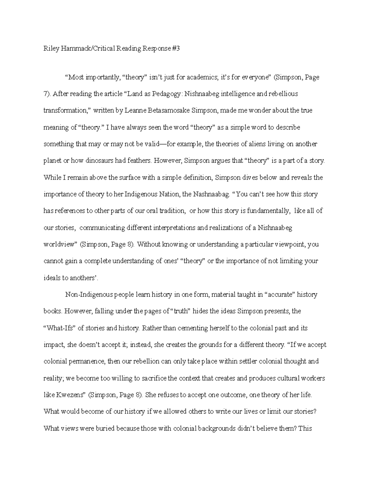 Critical Reading Response #3 - Riley Hammack/Critical Reading Response