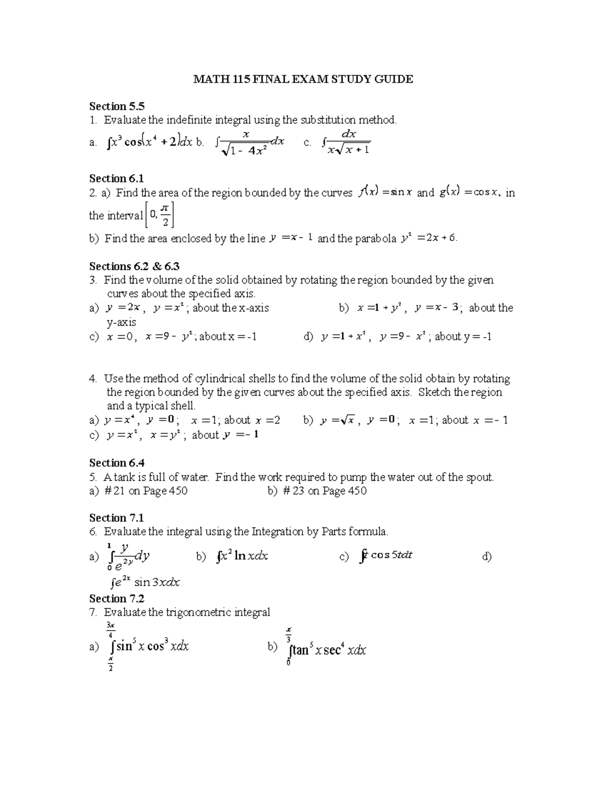 Final EXAM Study Guide - Notes - MATH 115 FINAL EXAM STUDY GUIDE ...