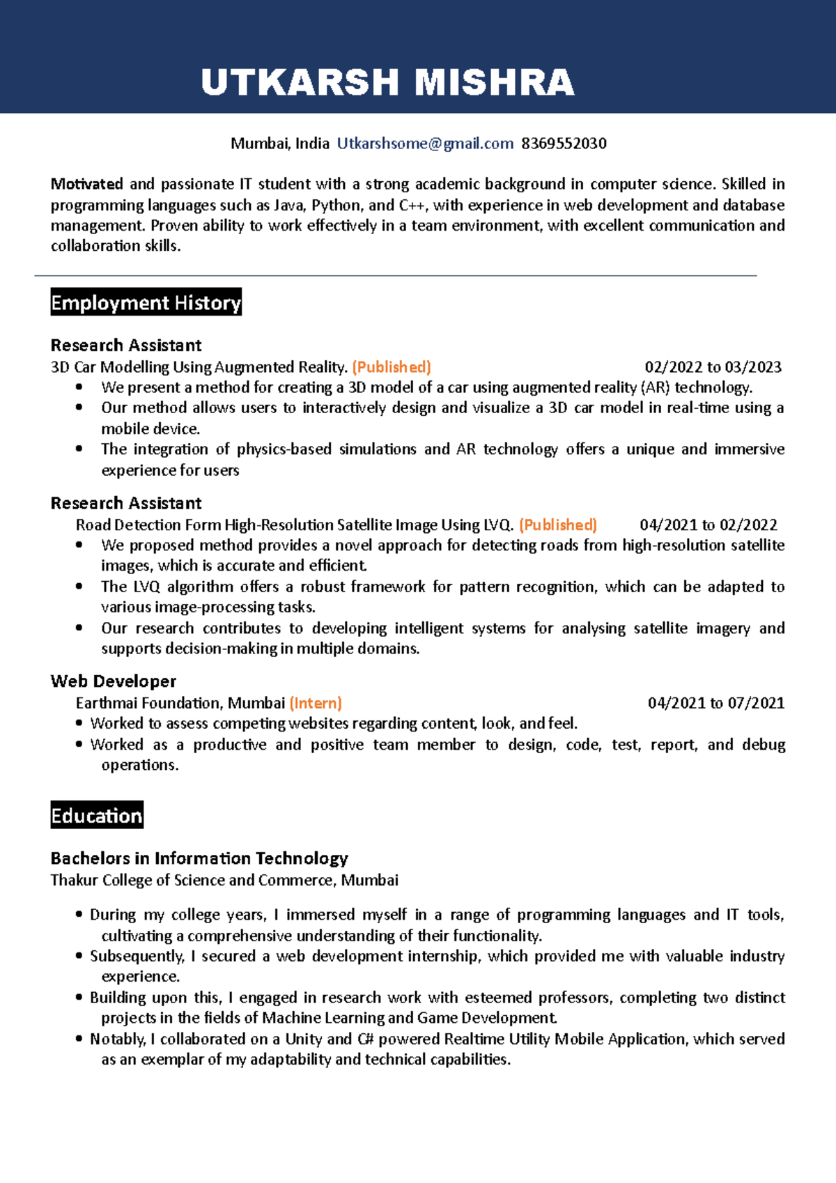 Utkarsh Mishra Resume - Mumbai, India Utkarshsome@gmail 8369552030 ...