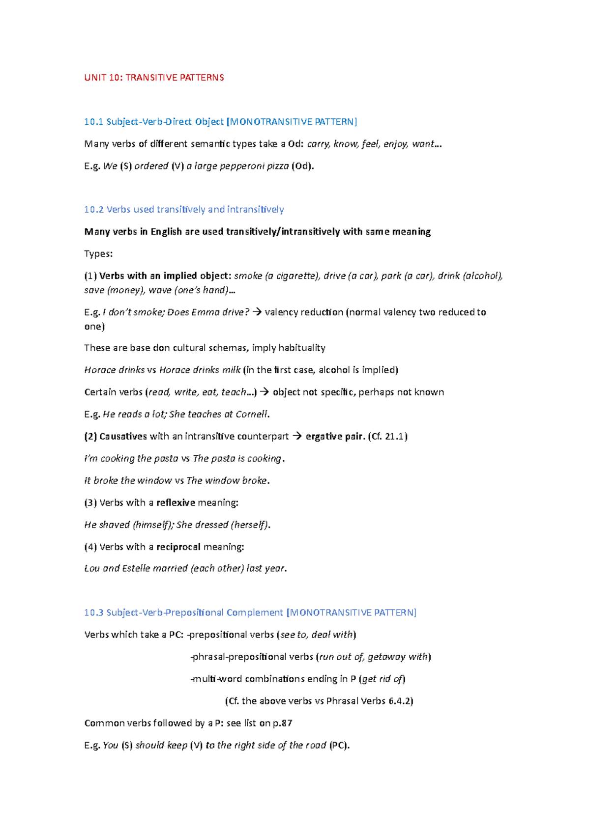 UNIT 10 - Apuntes 10 - UNIT 10: TRANSITIVE PATTERNS 10 Subject-Verb ...