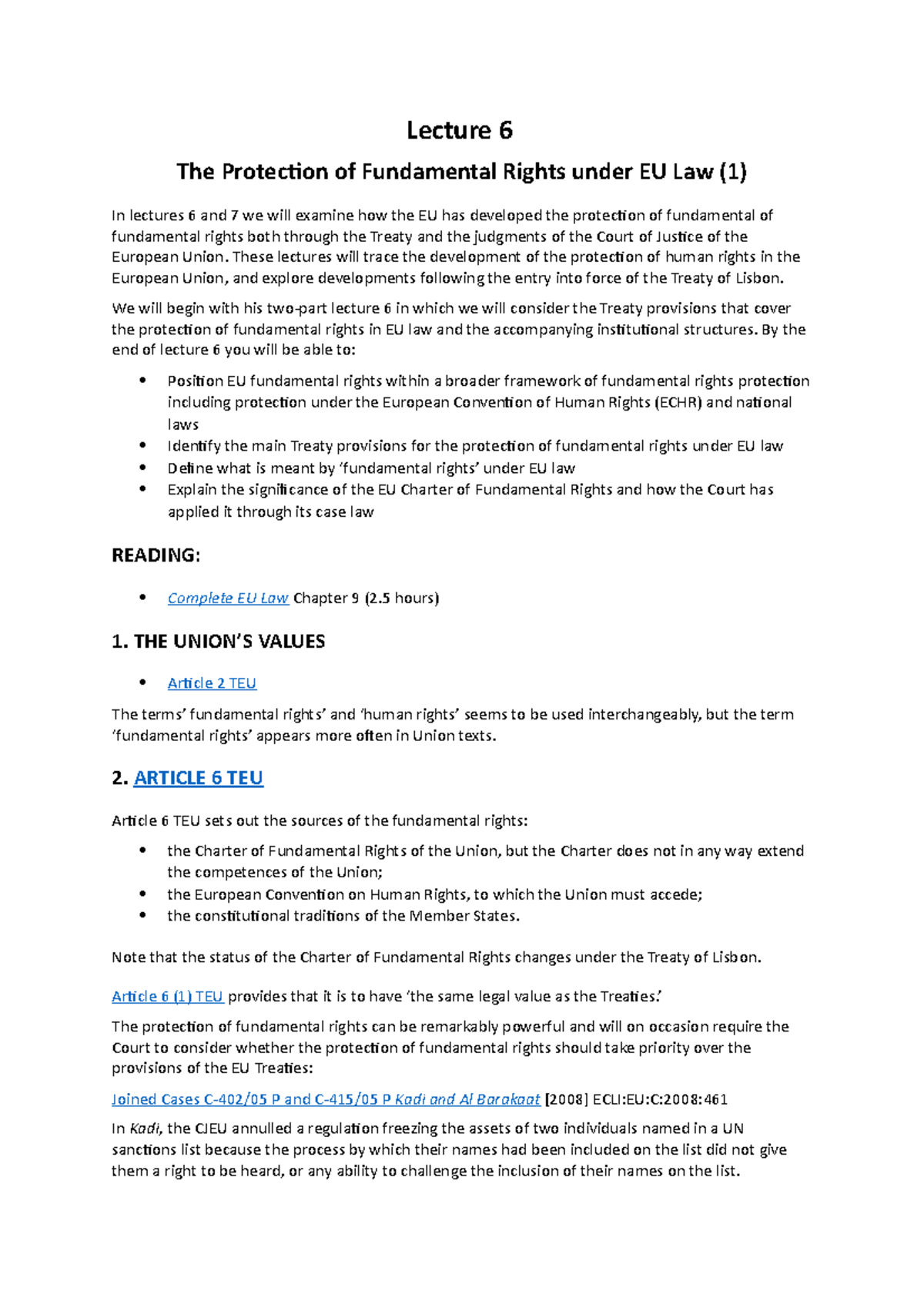 Lecture 6 - The Protection of Fundamental Rights in the EU - Lecture 6 ...