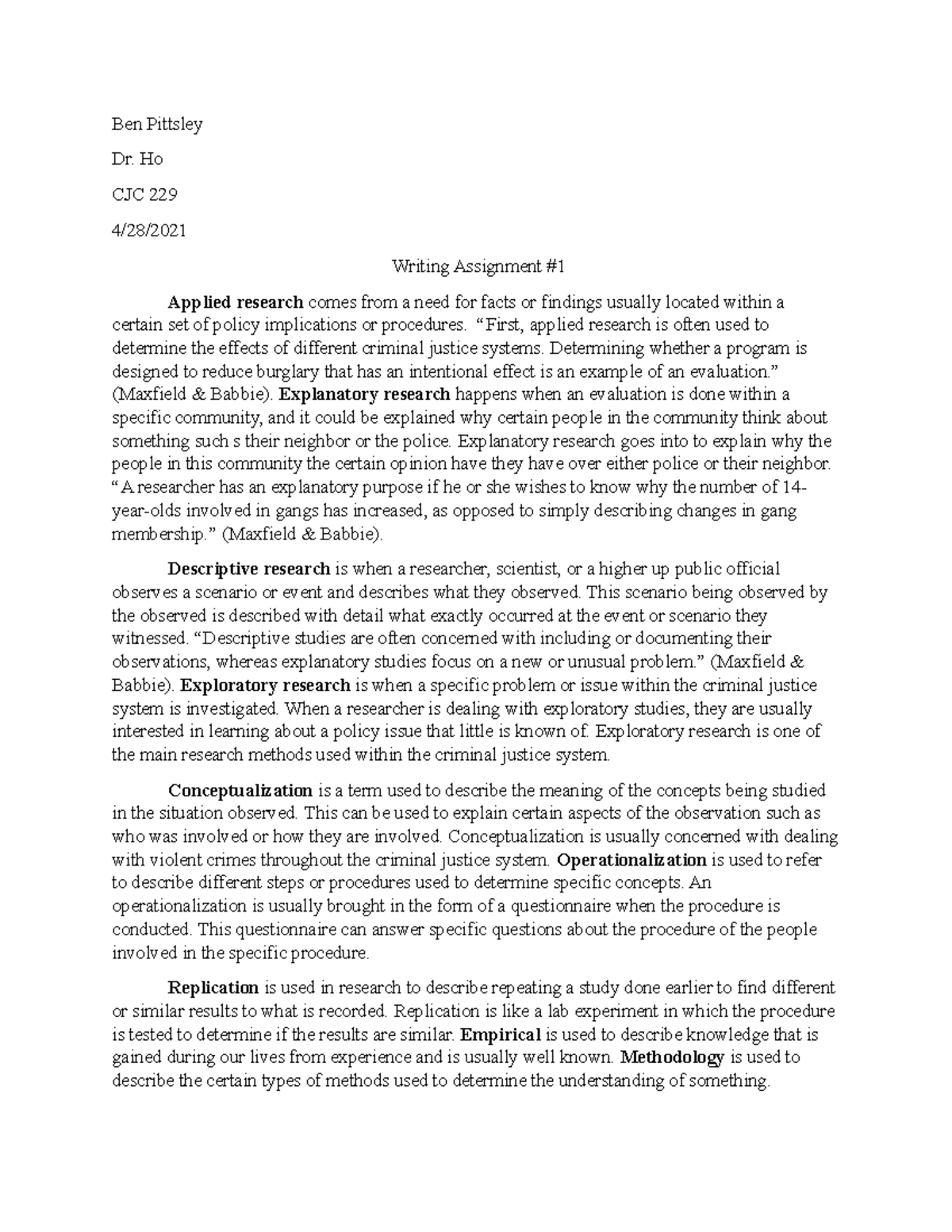 Research methods writing assignment 1 - Ben Pittsley Dr. Ho CJC 229 4 ...