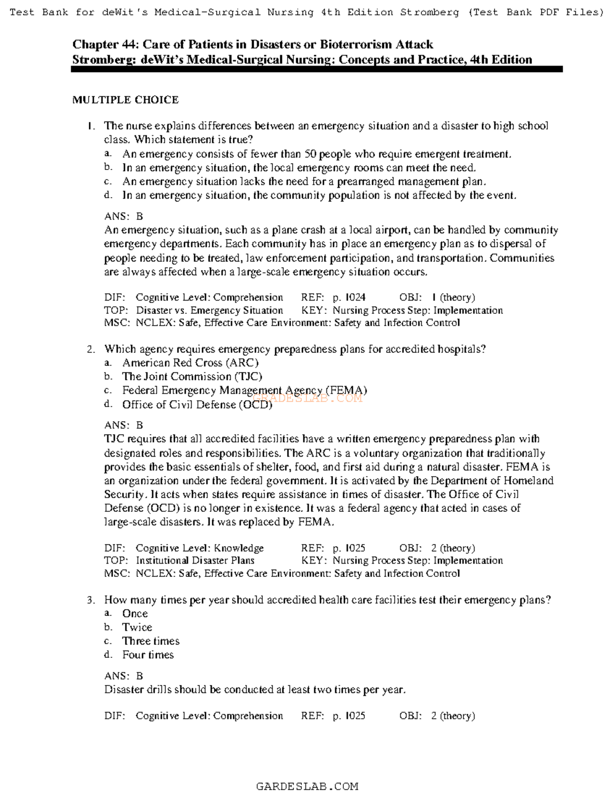 44 - 44 med sure test bank - G R A D E S L A B. C O M Chapter 44: Care ...