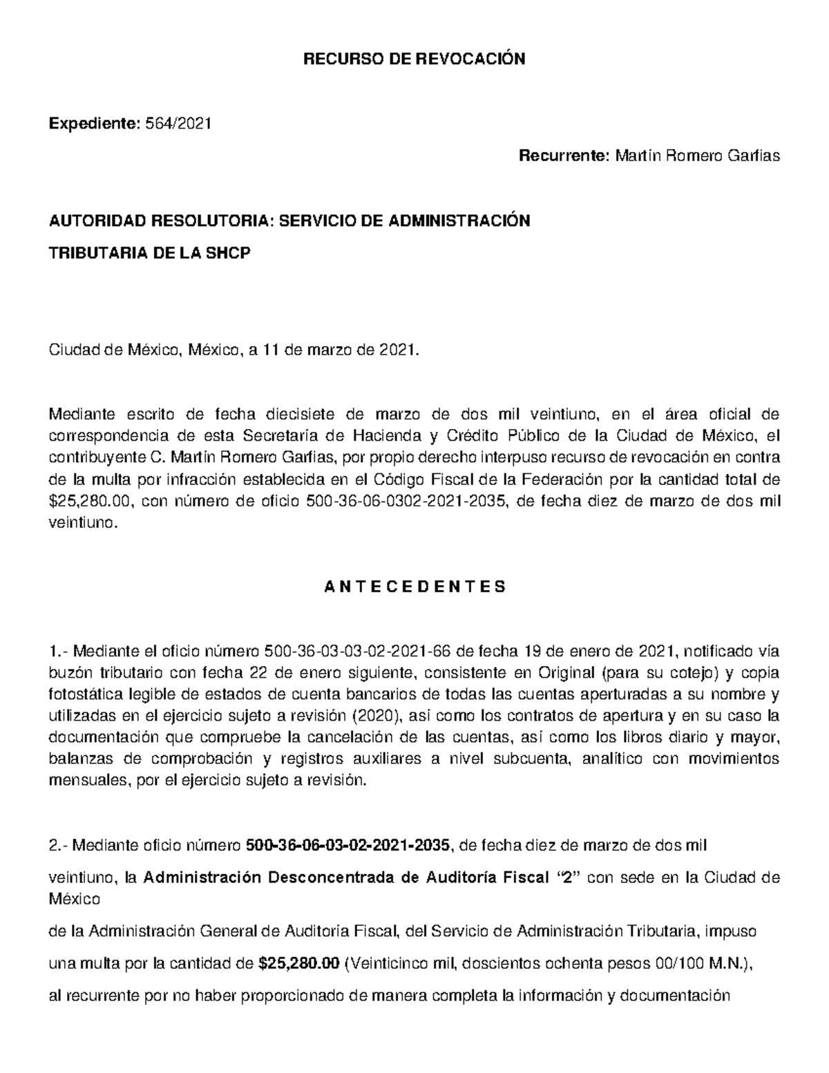17 mar Recurso DE Revocacion Fiscal caso presentado - RECURSO DE ...