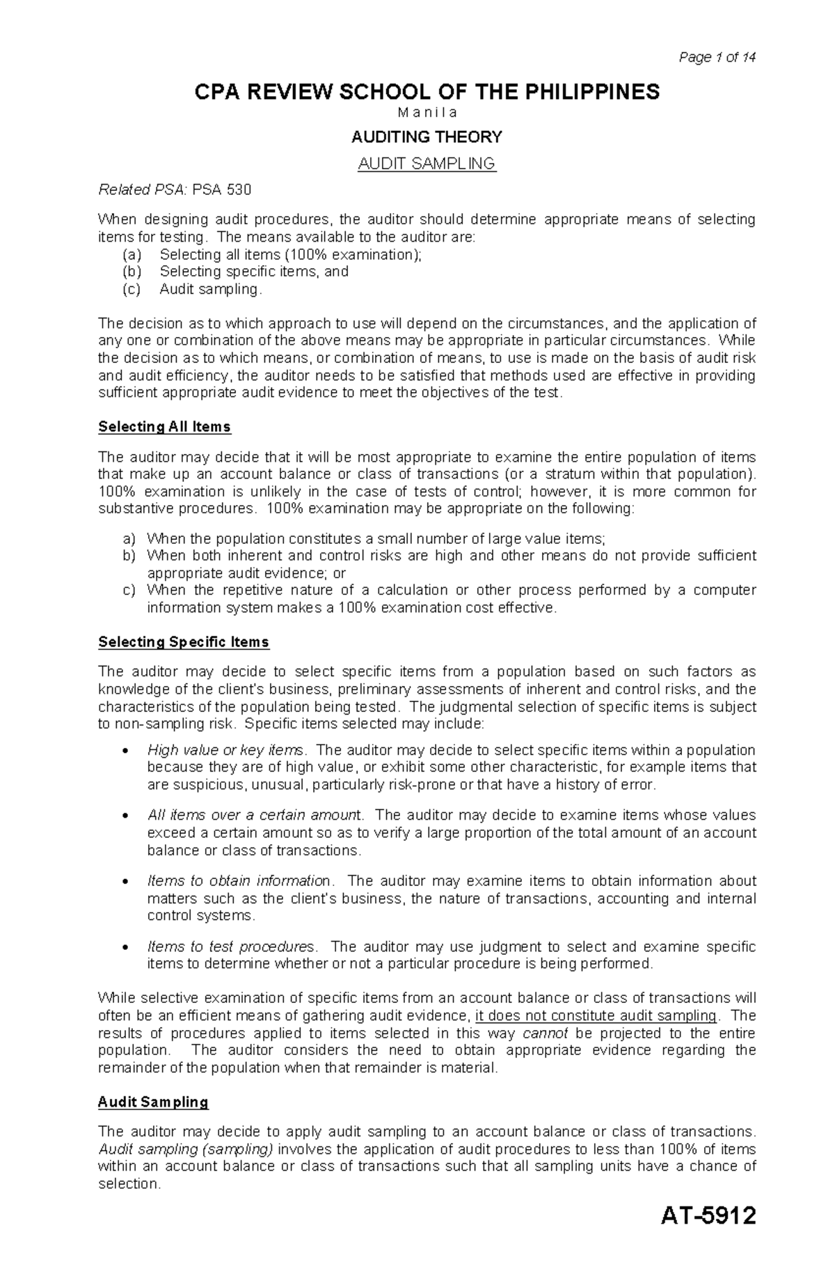 Module 9 Audit Sampling - CPA REVIEW SCHOOL OF THE PHILIPPINES M a n i l a AUDITING THEORY AUDIT ...