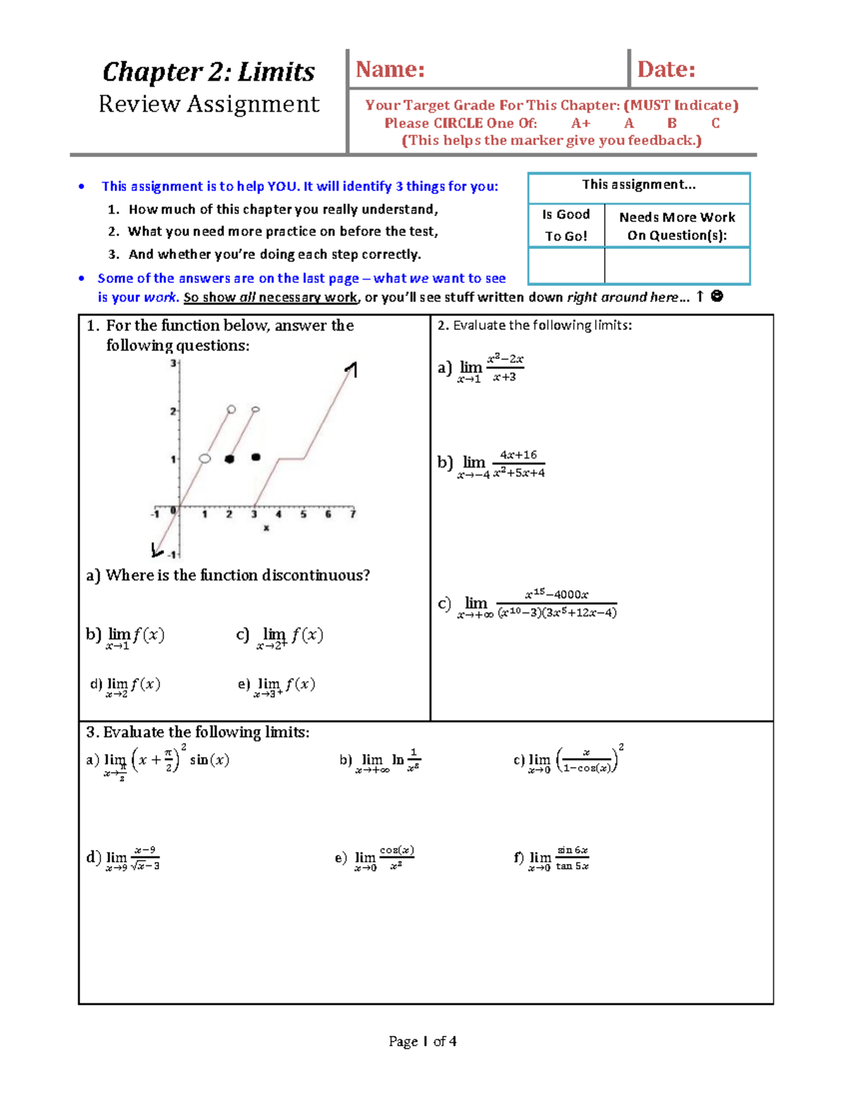 Chapter 2 calc - Chapter 2: Limits Review Assignment Name: Date: Your ...
